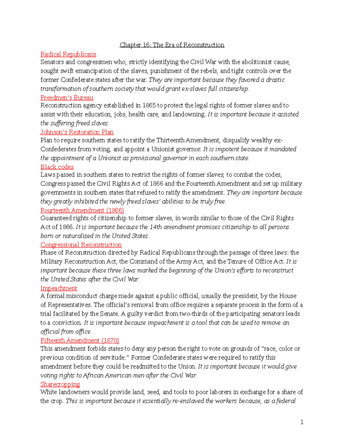 History 1302 Vocab Notes - Chapter 16: The Era of Reconstruction ...