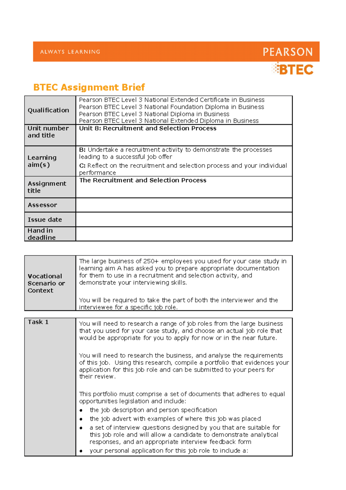 Learning Aim B, C - BTEC Assignment Brief Qualification Pearson BTEC ...