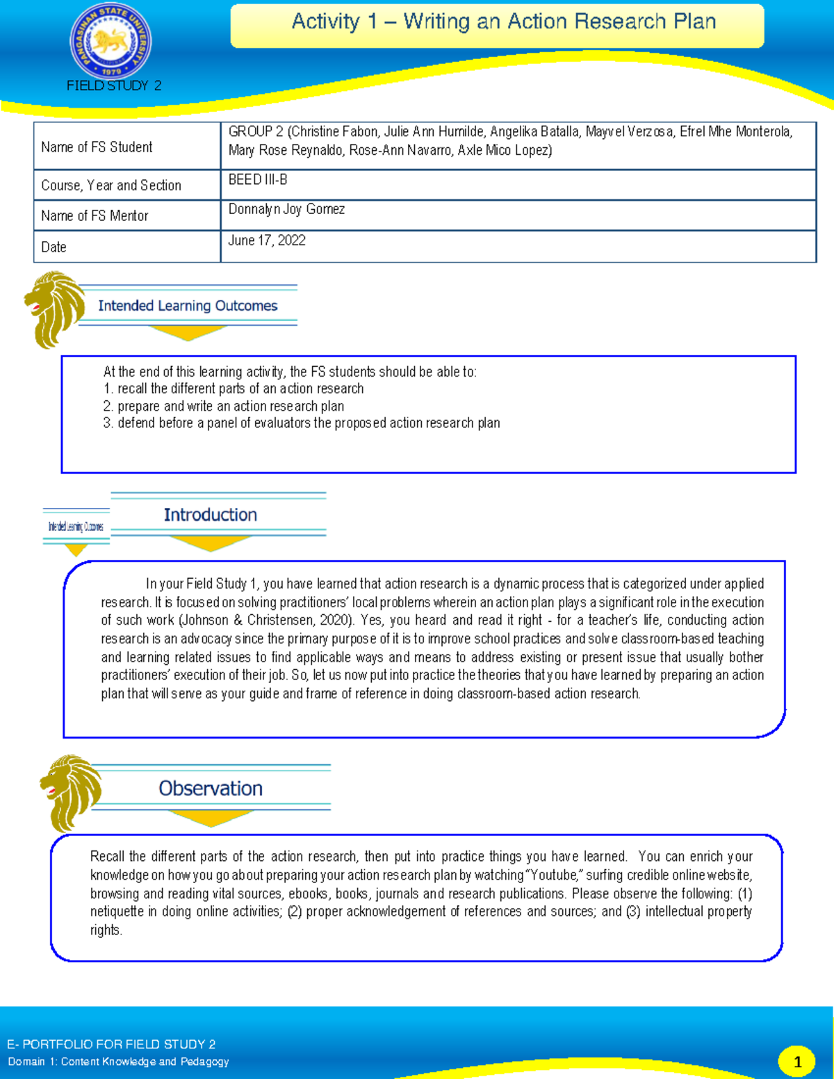 FS 2 - Activity 1 - FIELD STUDY 2 E- PORTFOLIO FOR FIELD STUDY 2 Name ...