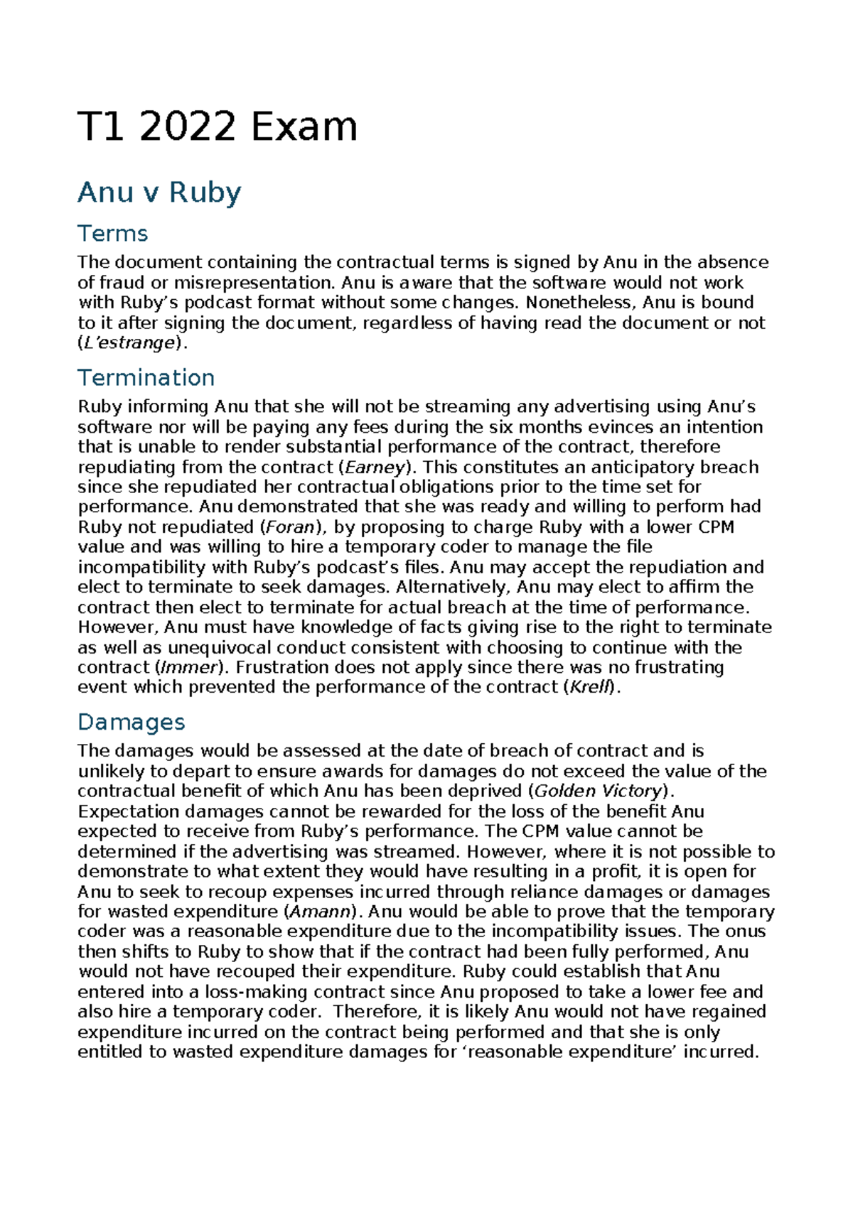 Contracts practice exams - T1 2022 Exam Anu v Ruby Terms The document containing the contractual ...