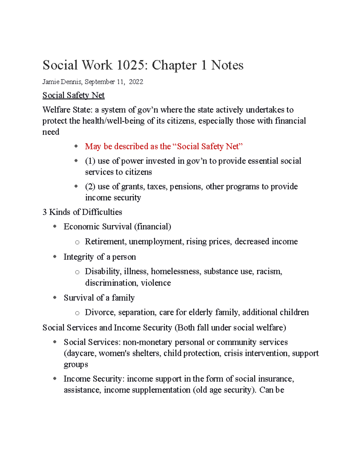 Sw Chapter 1 notes - Social Work 1025: Chapter 1 Notes Jamie Dennis ...