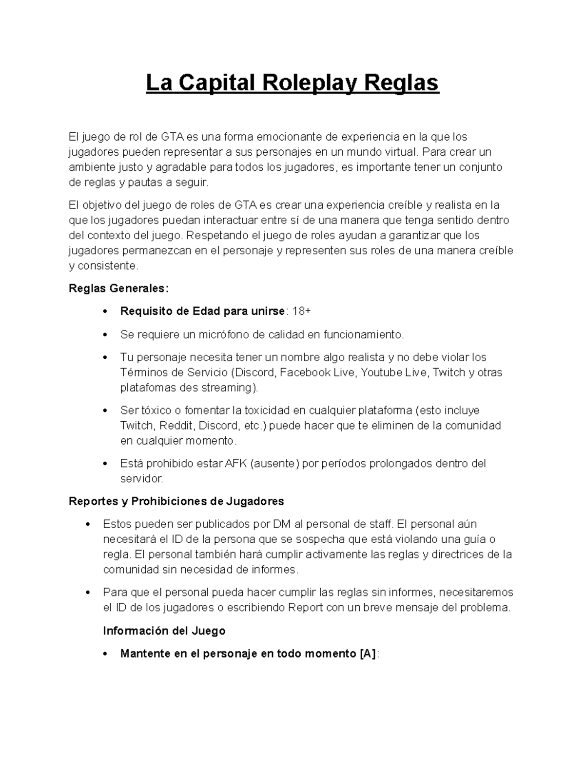 La Capital Roleplay Reglas - Para crear un ambiente justo y agradable para todos los jugadores ...