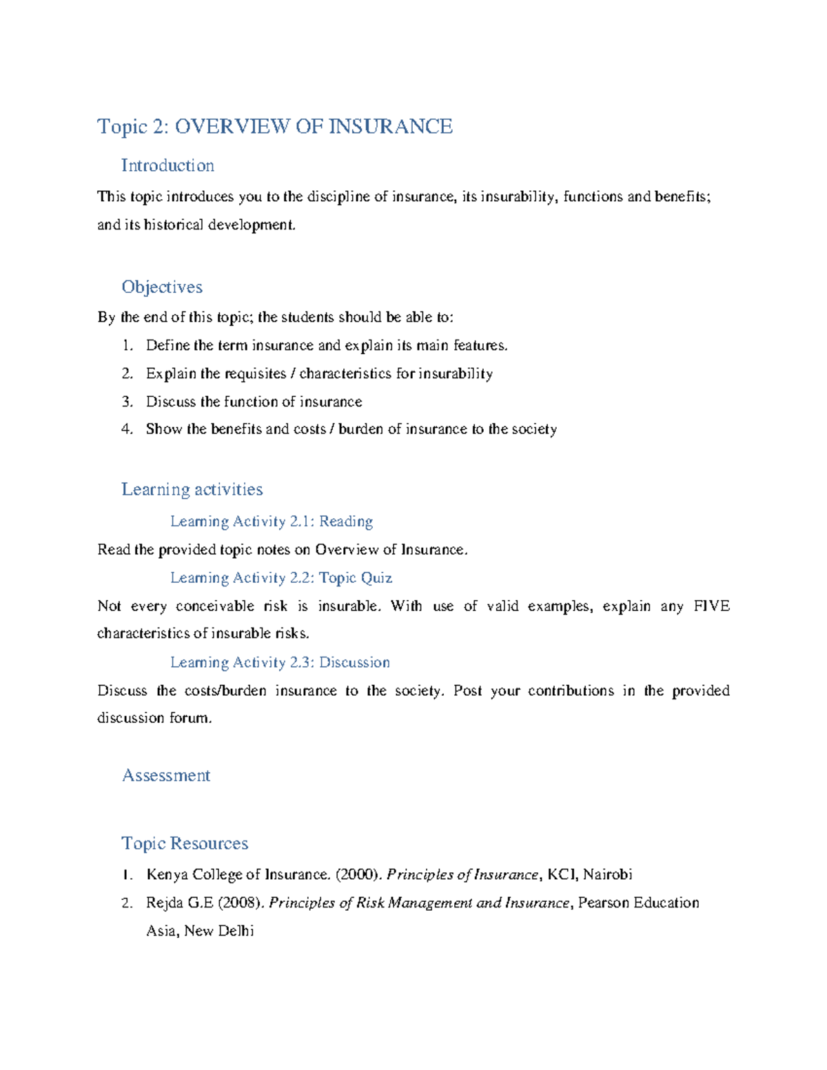 Topic 2. Overview OF Insurance - Topic 2: OVERVIEW OF INSURANCE ...