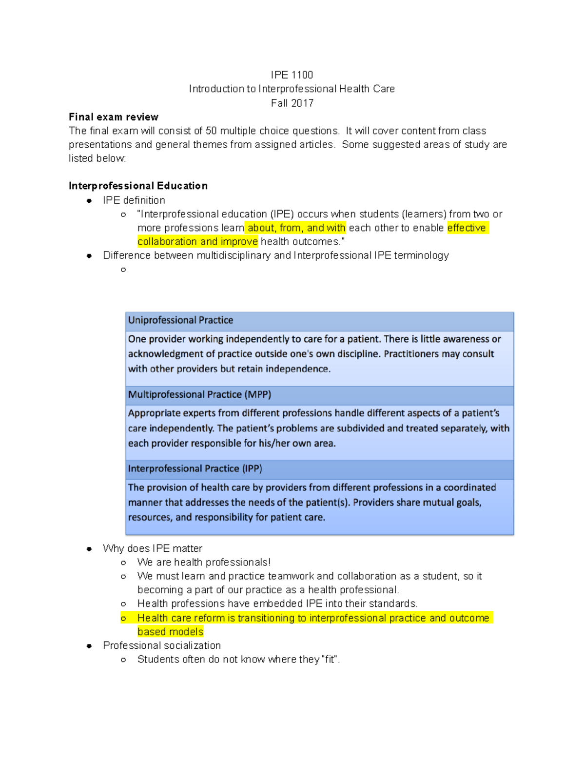 IPE study guide 2017 - Summary Intro To Intepr Health Care - IPE 1100 ...