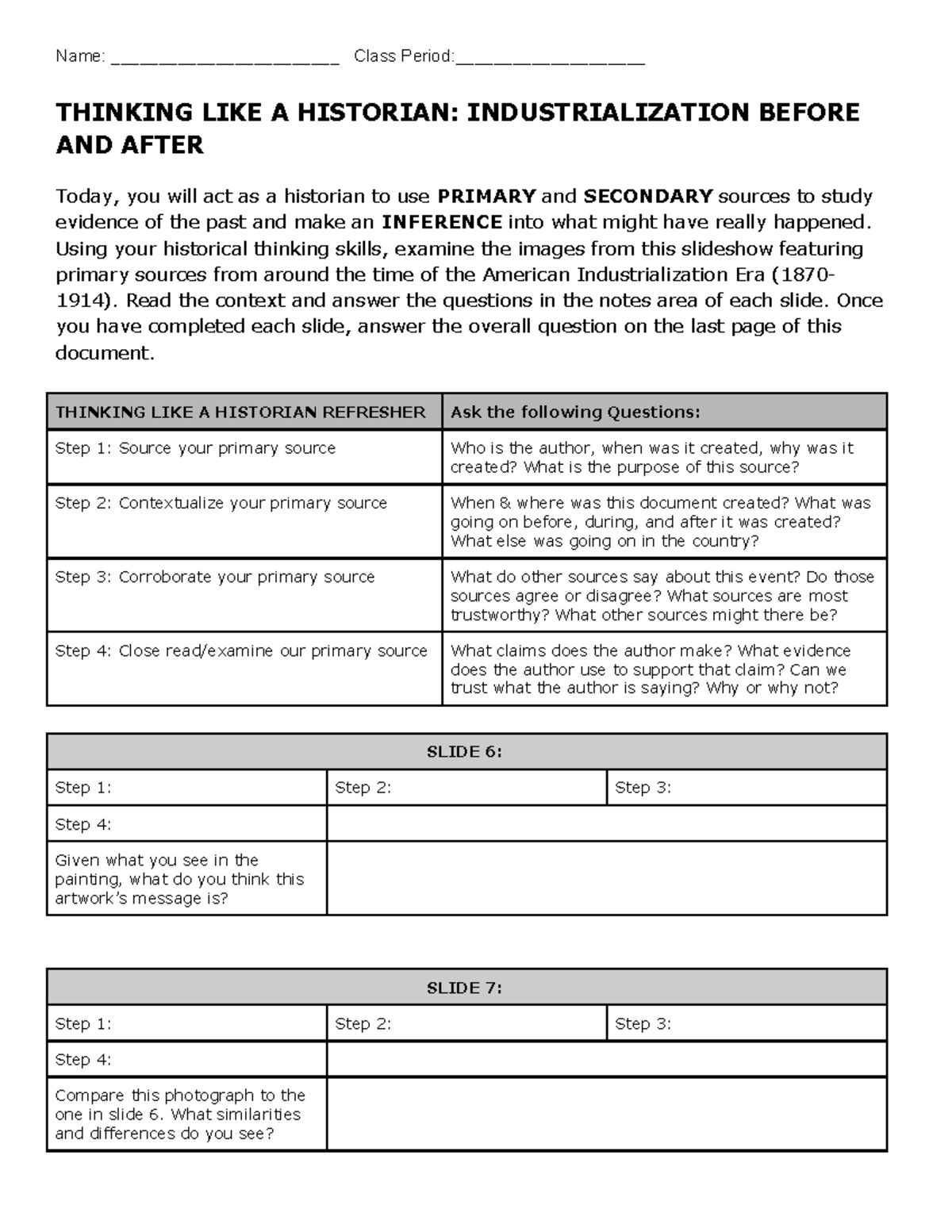 Thinking Like A Historian Notes Industrialization before after - Name