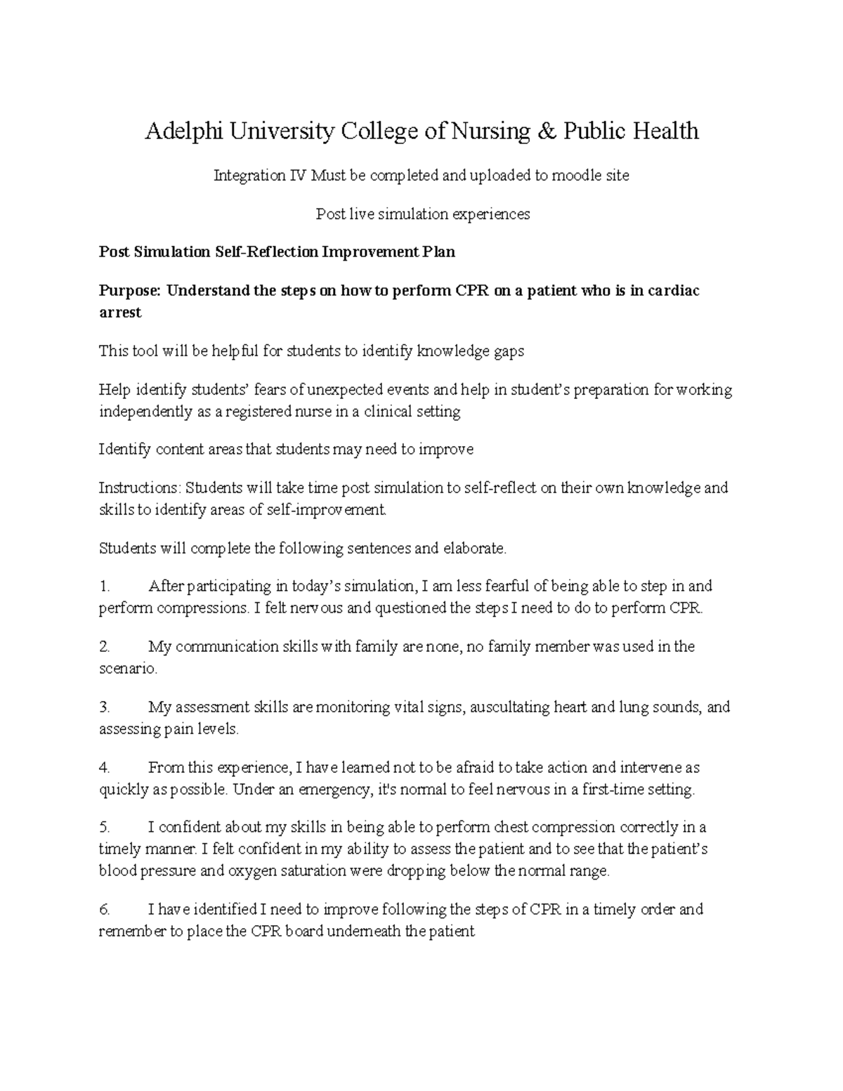 4 11 22 Integration IV Post Simulation Self-Reflection Improvement Plan ...