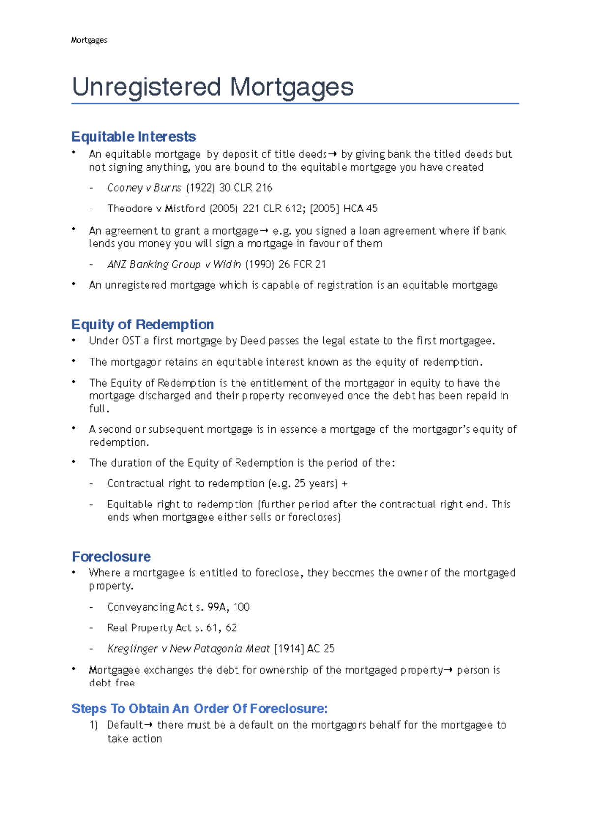 4-Mortgages - Lecture notes 2 - Unregistered Mortgages Equitable ...