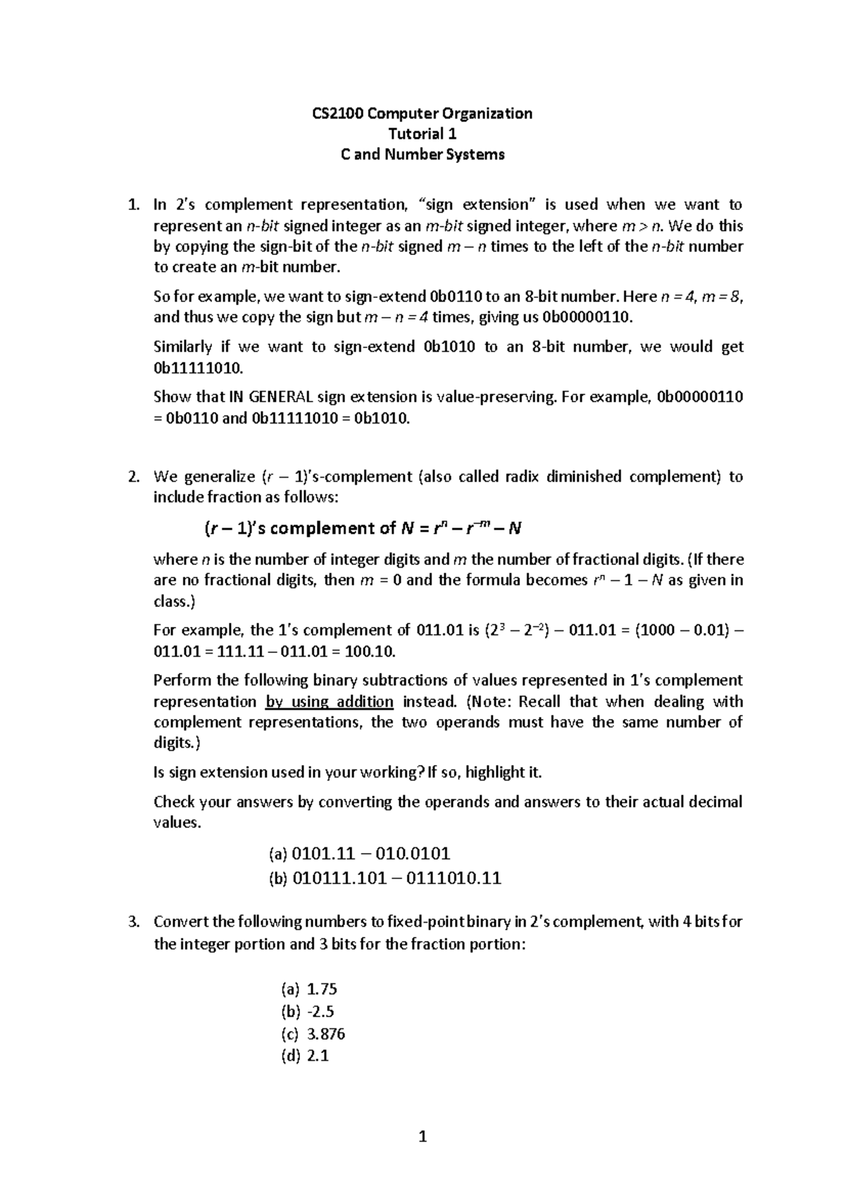 Cs2100tut1 - Computers duh - 1 CS2100 Computer Organization Tutorial 1 C and Number Systems In 2 ...