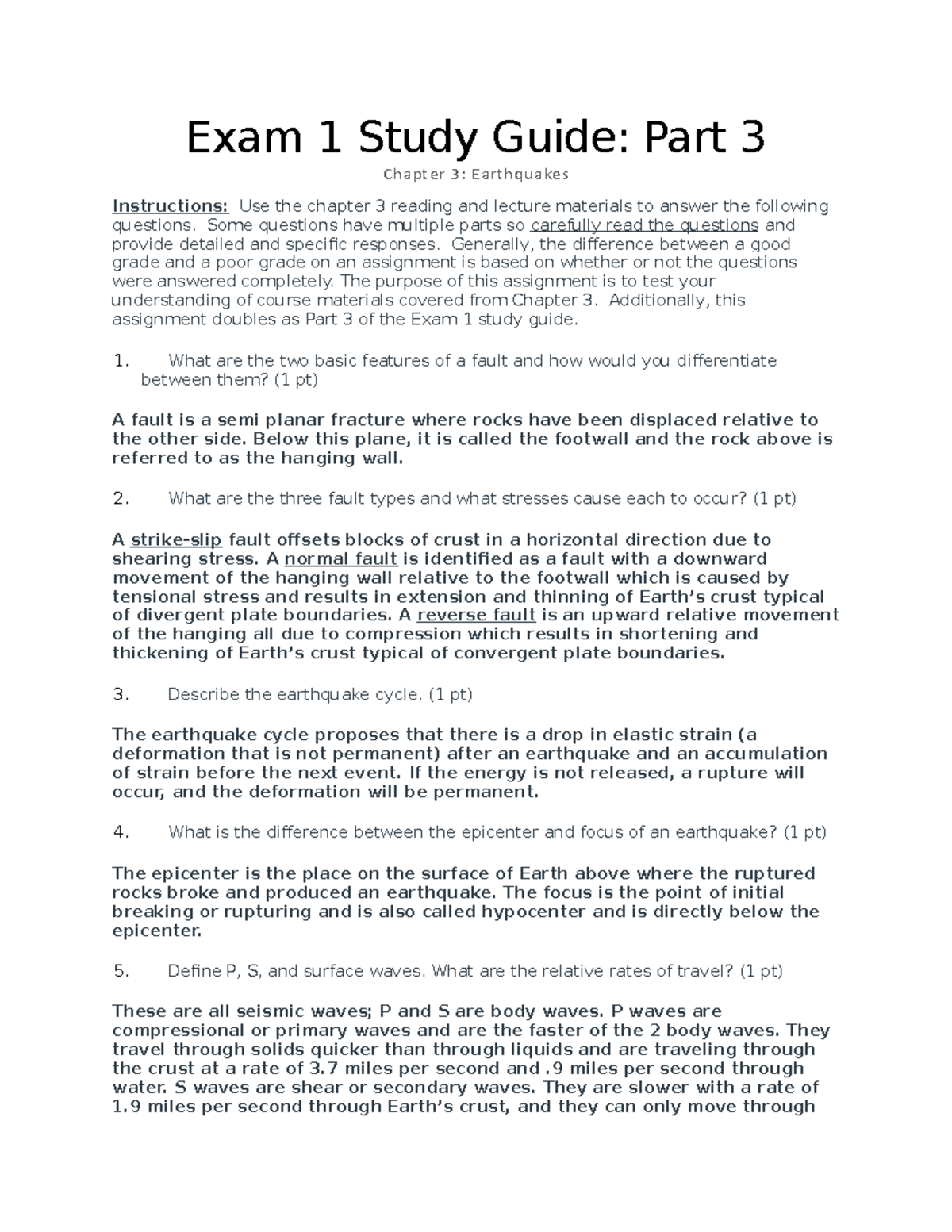 Study Guide Chapter 3 - Exam 1 Study Guide: Part 3 Chapter 3: Earthquakes Instructions: Use the ...