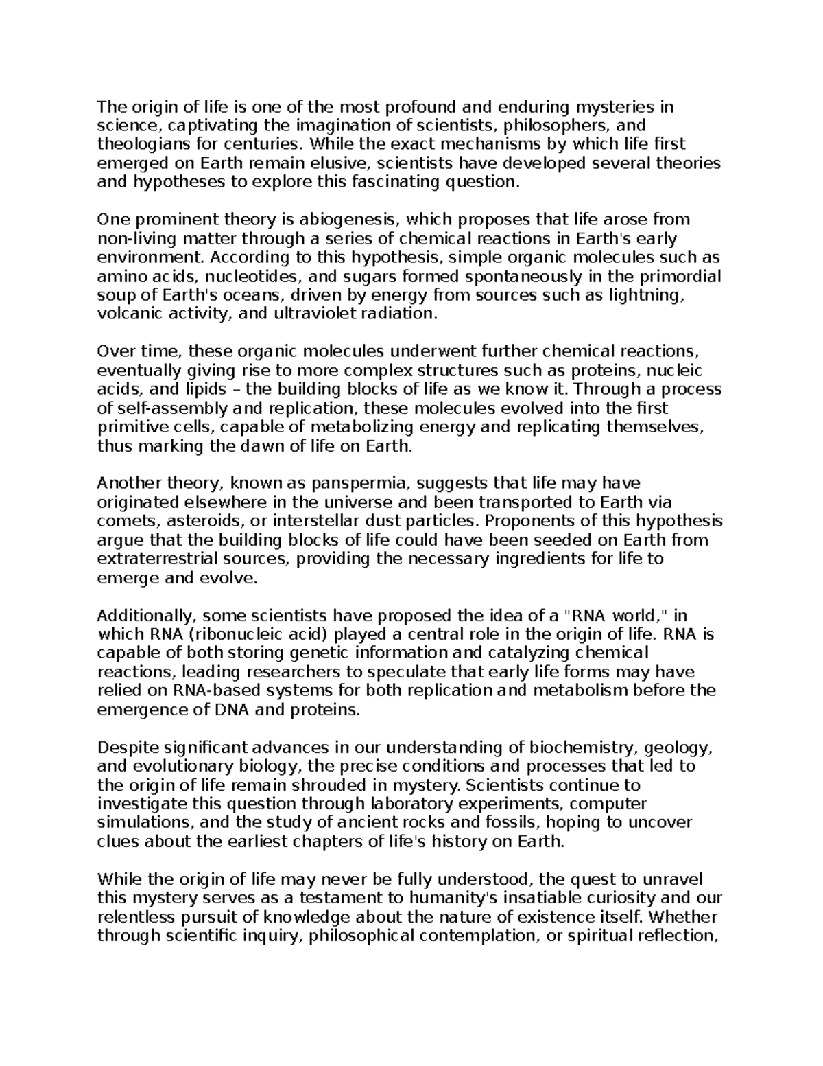 Essay about the origin of life - The origin of life is one of the most ...