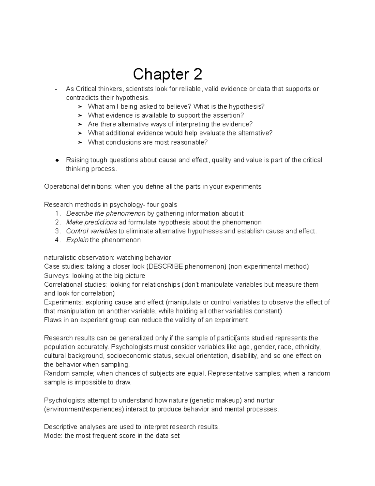 Psychology CH - Critical thinking, research methods, descriptive analysis, ethical guidelines ...