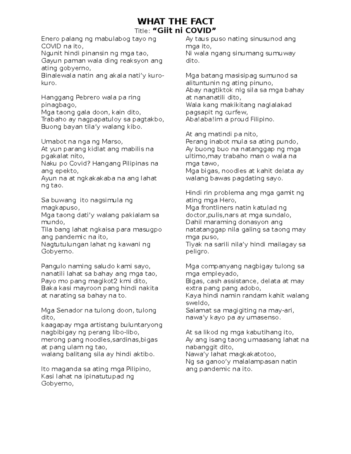 Covid poem - WHAT THE FACT Title: “Giit ni COVID” Enero palang ng ...
