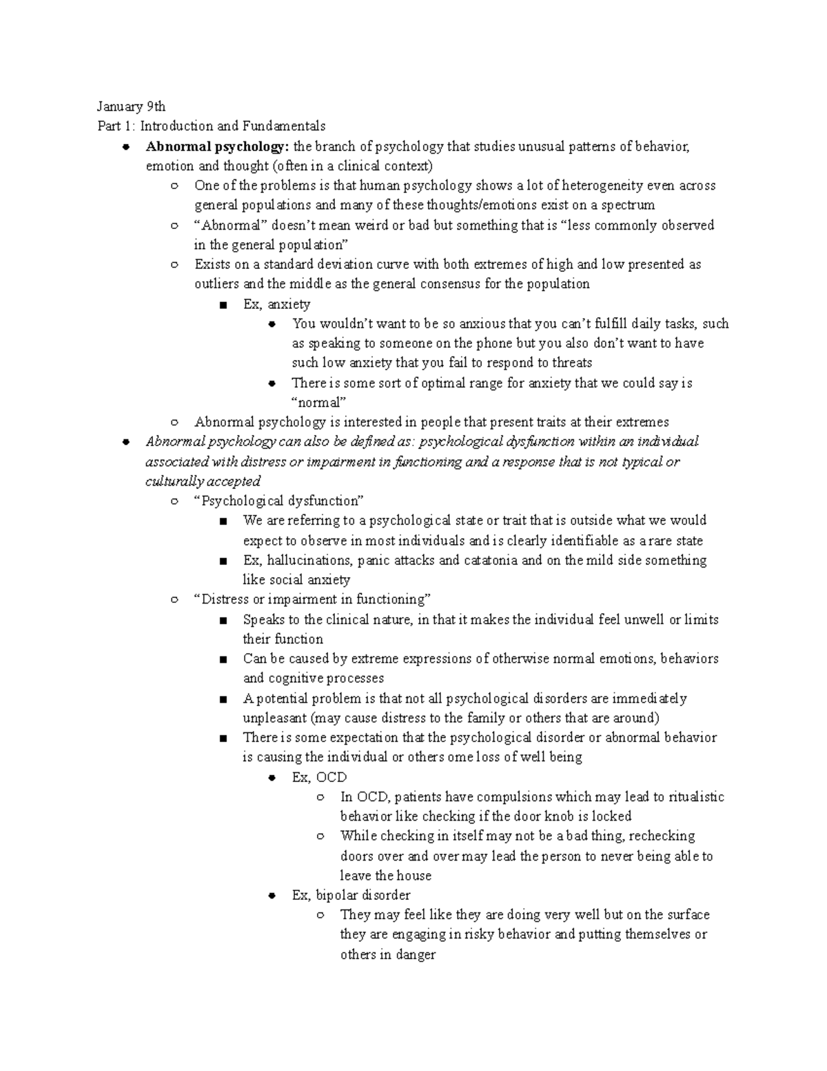 Abnormal Psychology Notes - Midterm 1 - January 9th Part 1 ...