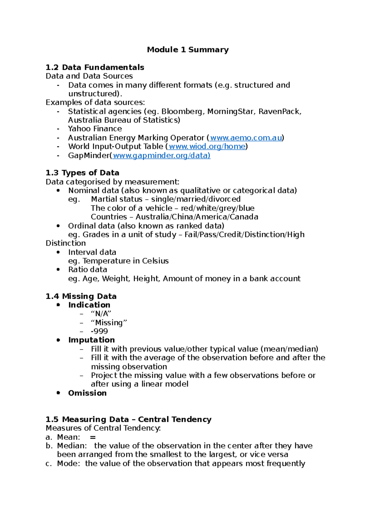 Module 1 Summary - Module 1 Summary 1 Data Fundamentals Data and Data ...