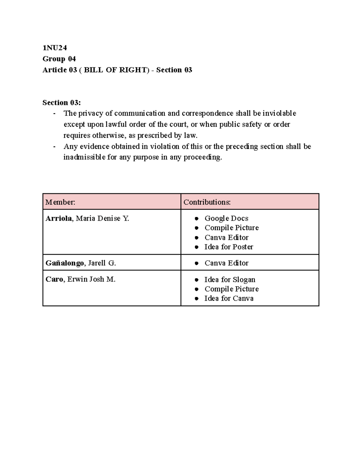 Group 4 Section 3 - lecture - 1NU Group 04 Article 03 ( BILL OF RIGHT ...