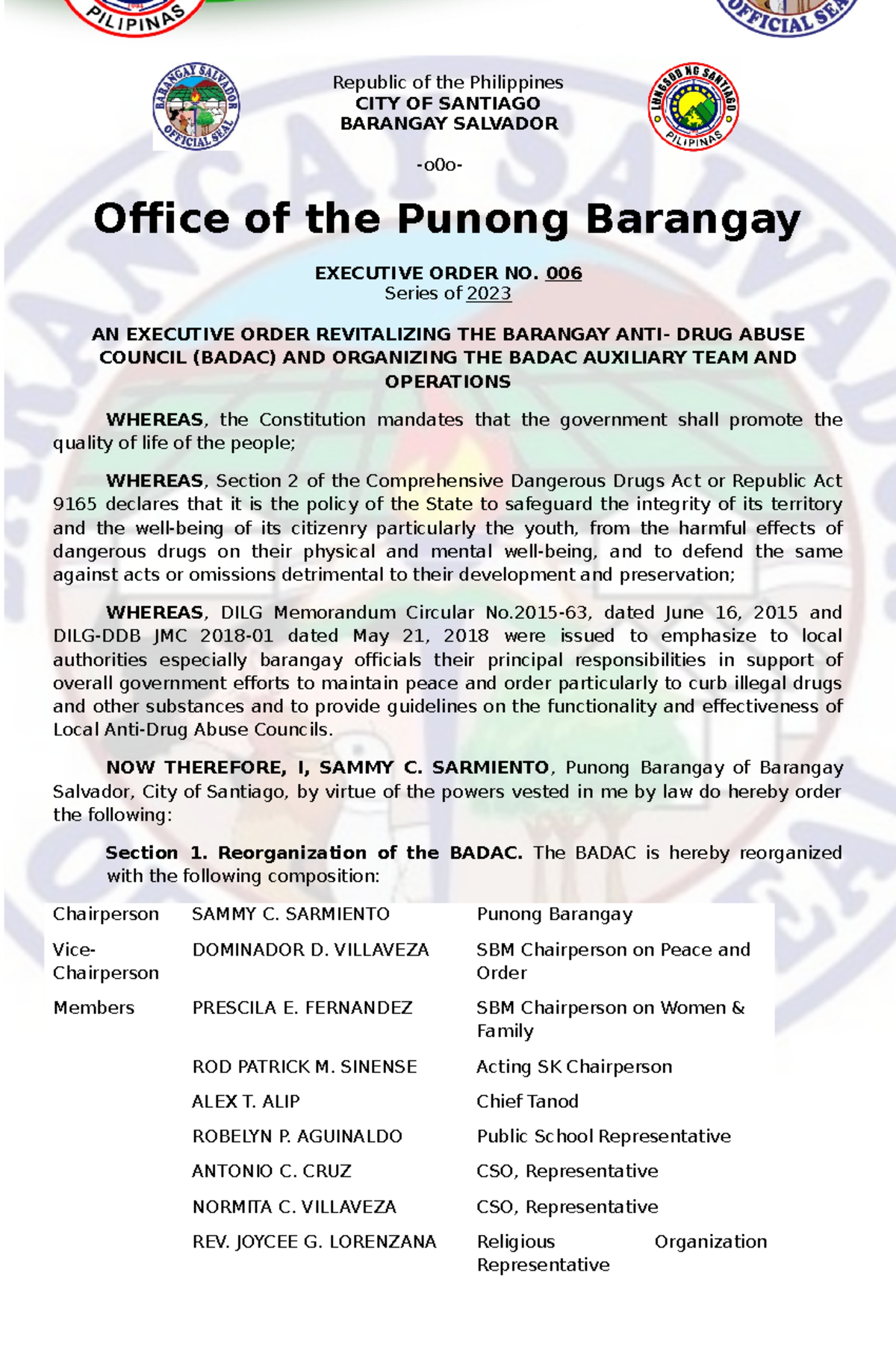 Executive Order No. 006 s. 2023 Organizing Auxiliary TEAM - Republic of the Philippines CITY OF ...