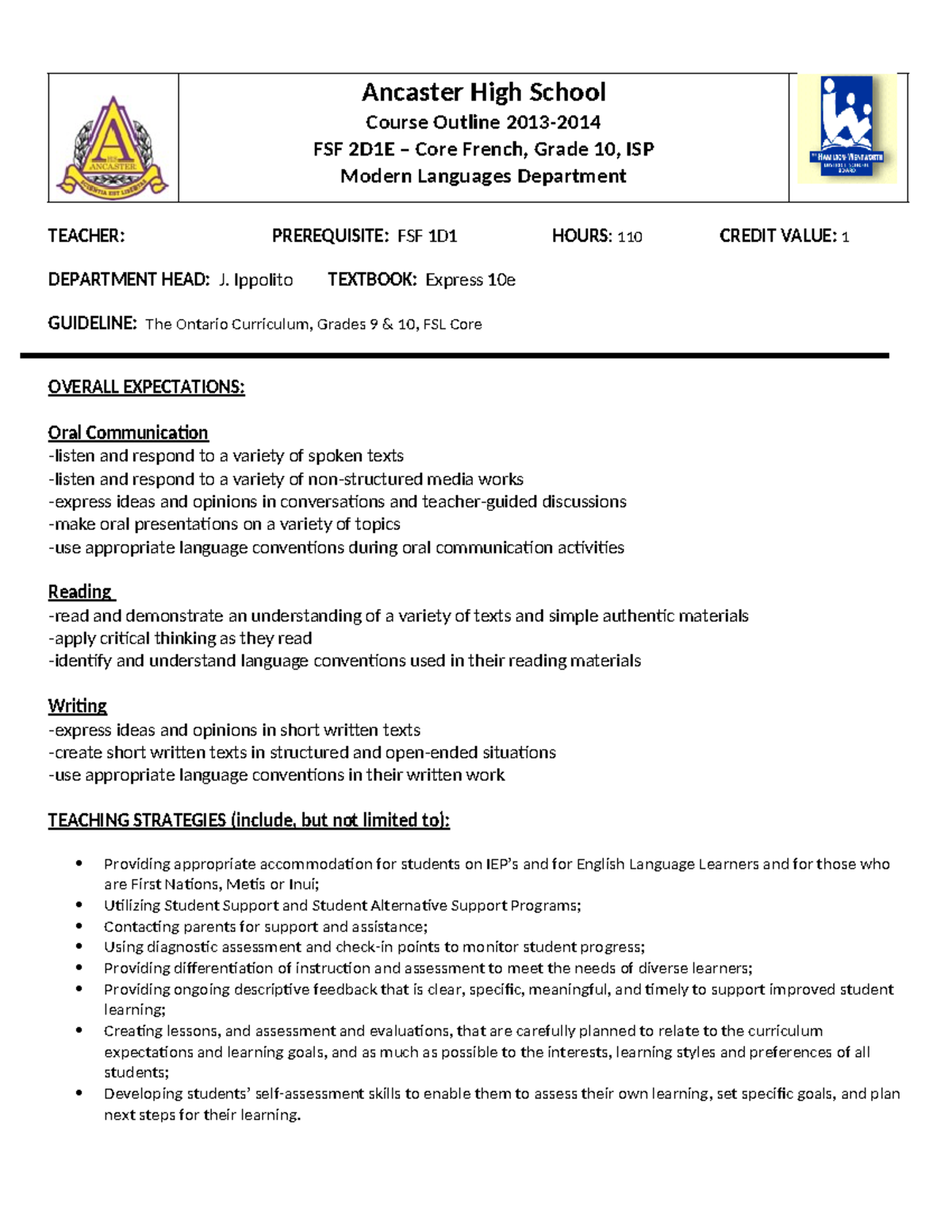 Course Outline FSF 2D1E - Ancaster High School Course Outline 2013- FSF ...