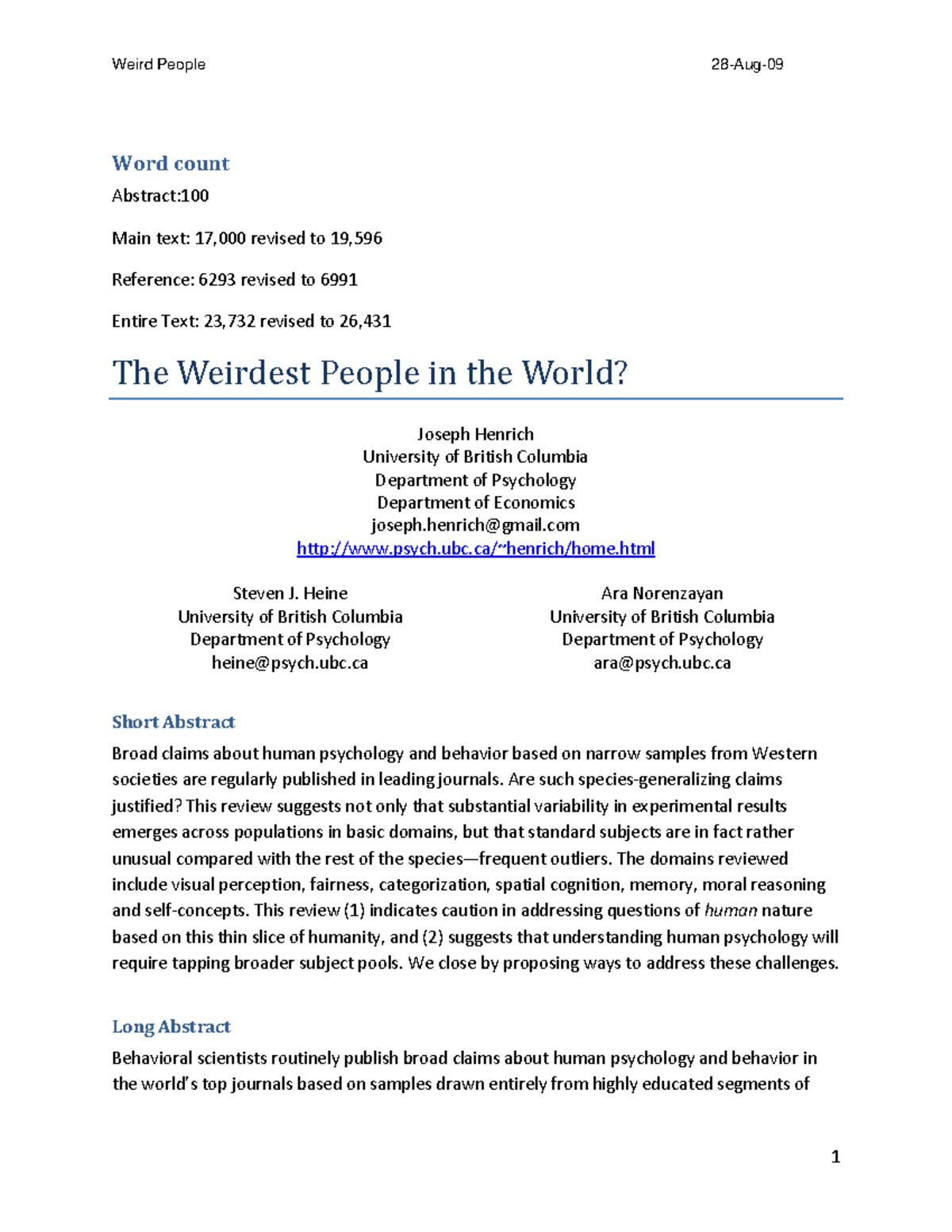 Weird People BBS Henrichetal - Word count Abstract: Main text: 17,000 ...