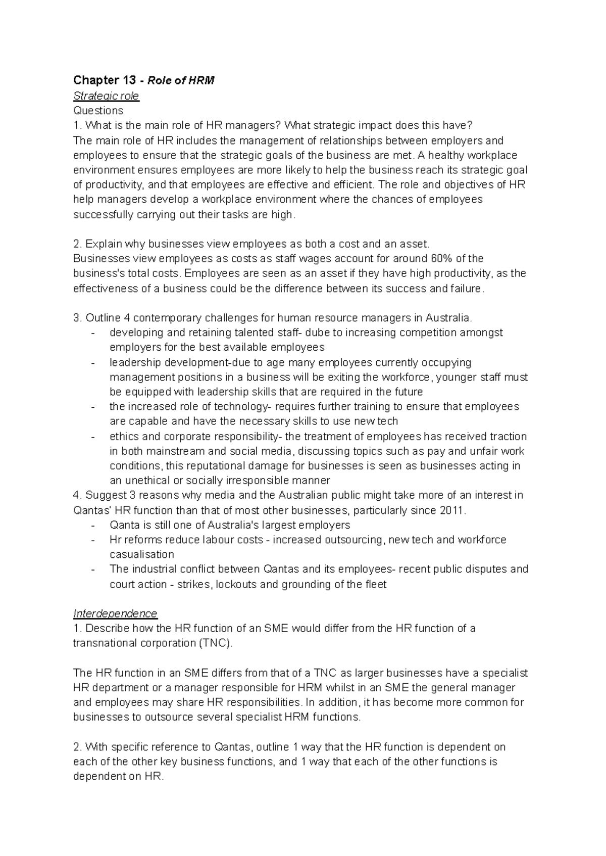 Business - HR - Chapter 13 - Role of HRM Strategic role Questions What is the main role of HR ...