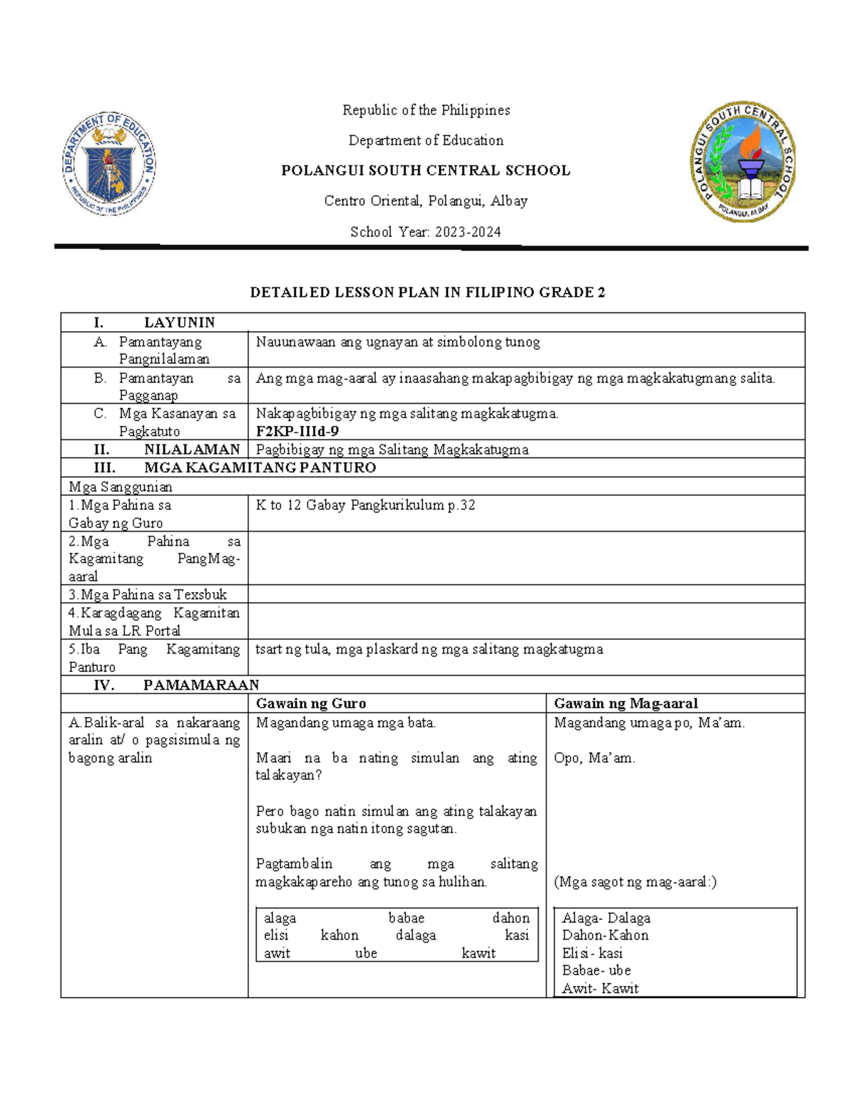 Detailed Lesson PLAN IN Filipino Grade 2 - Republic of the Philippines ...