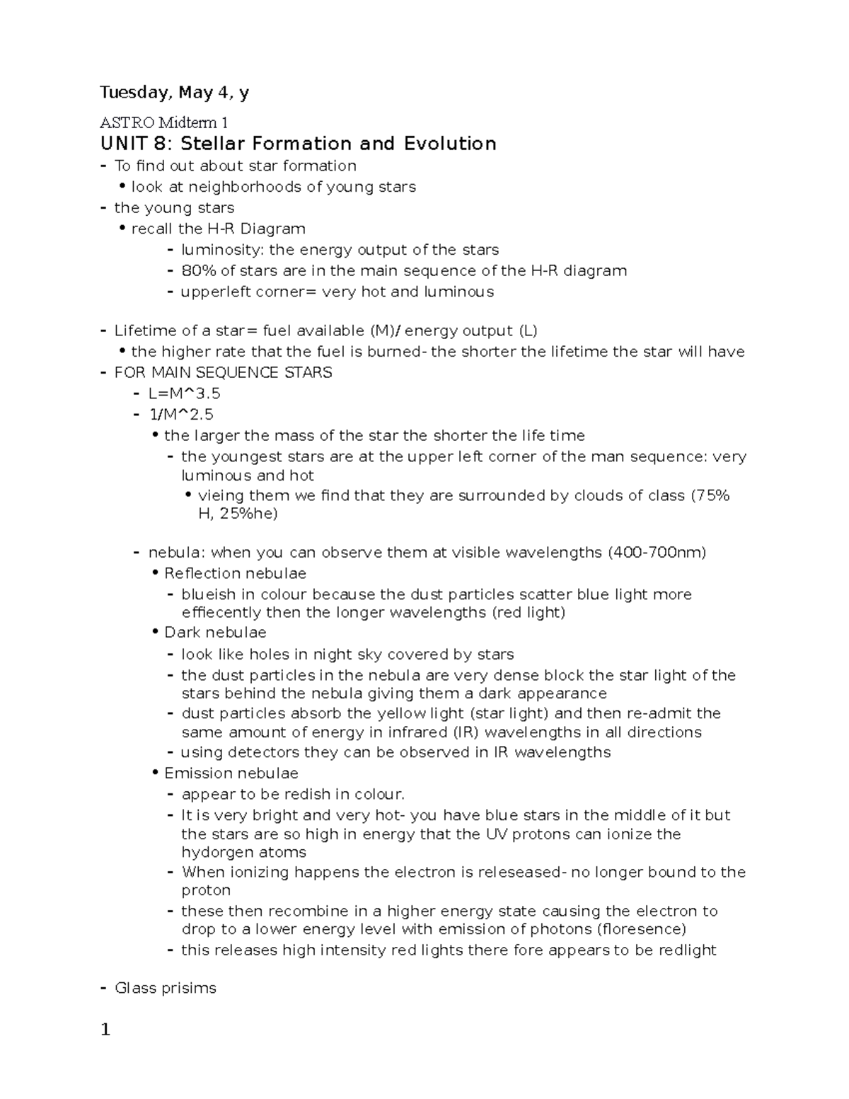 Astro midterm - ASTRO Midterm 1 UNIT 8: Stellar Formation and Evolution ...