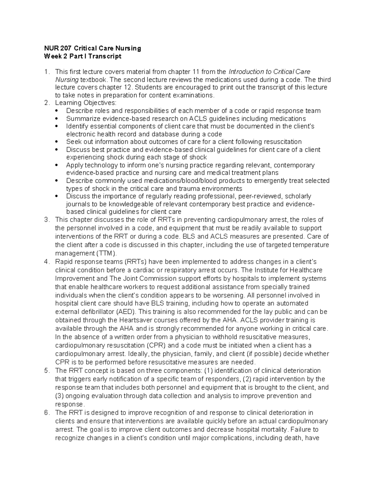 NUR 207 Critical Care Nursing Week 2 Part I Transcript - NUR 207 ...