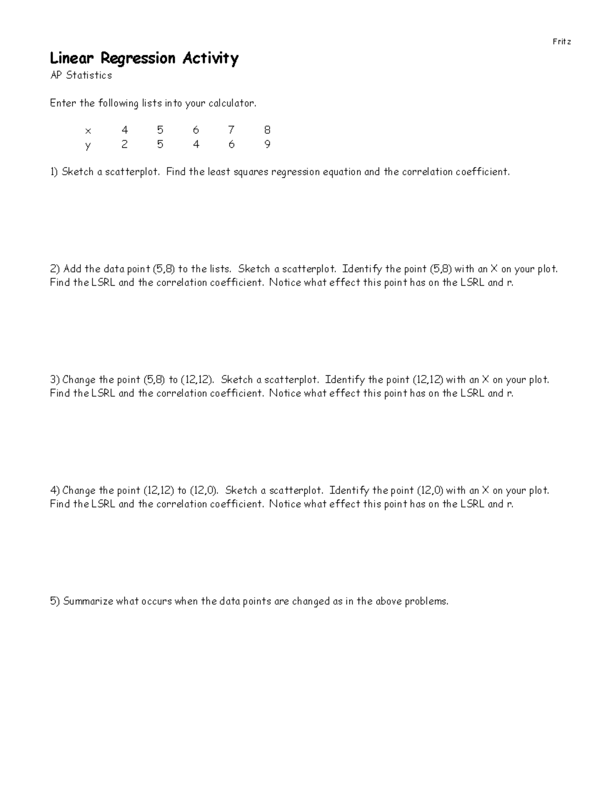 Regression Activity #1 - Fritz Linear Regression Activity AP Statistics ...
