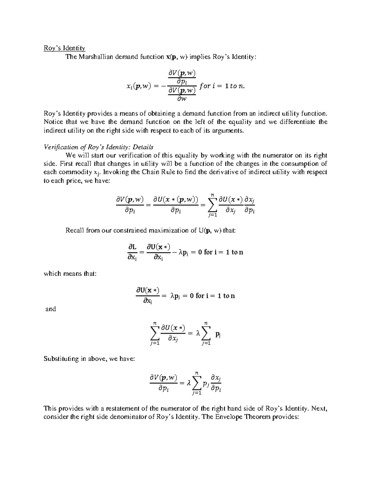 Roy identity - deriving demand function - Roy’s Identity The Marshallian demand function x(p, w ...