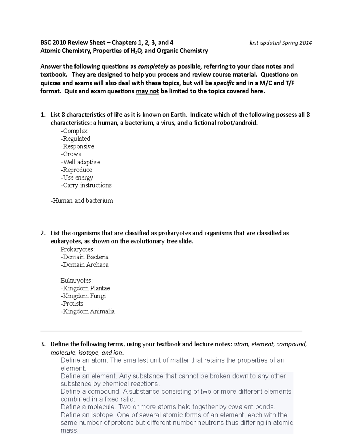 Chap 1,2,3,4 - Study guide completed - BSC 2010 Review Sheet – Chapters ...
