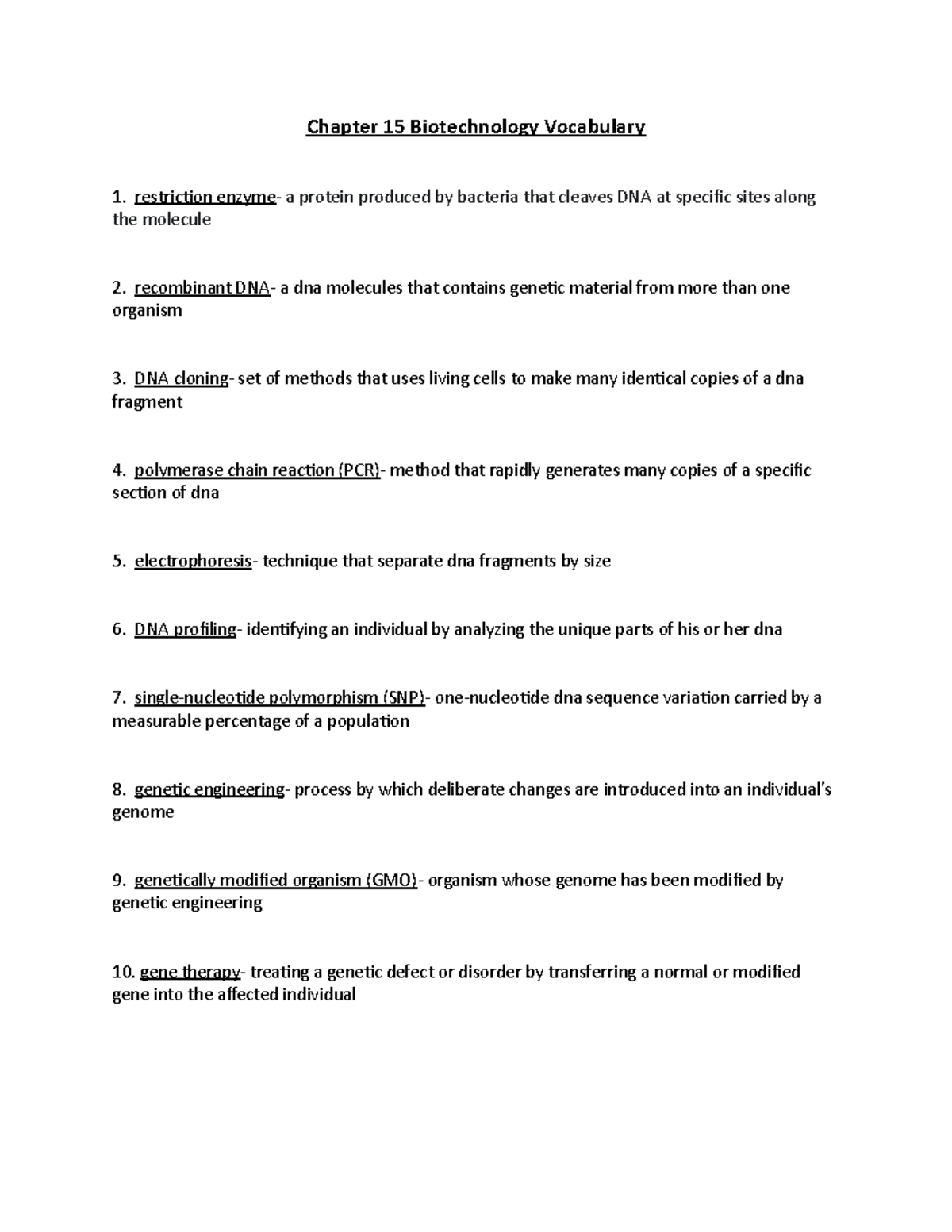 Chapter 15 Biotechnology Vocabulary - Chapter 15 Biotechnology ...