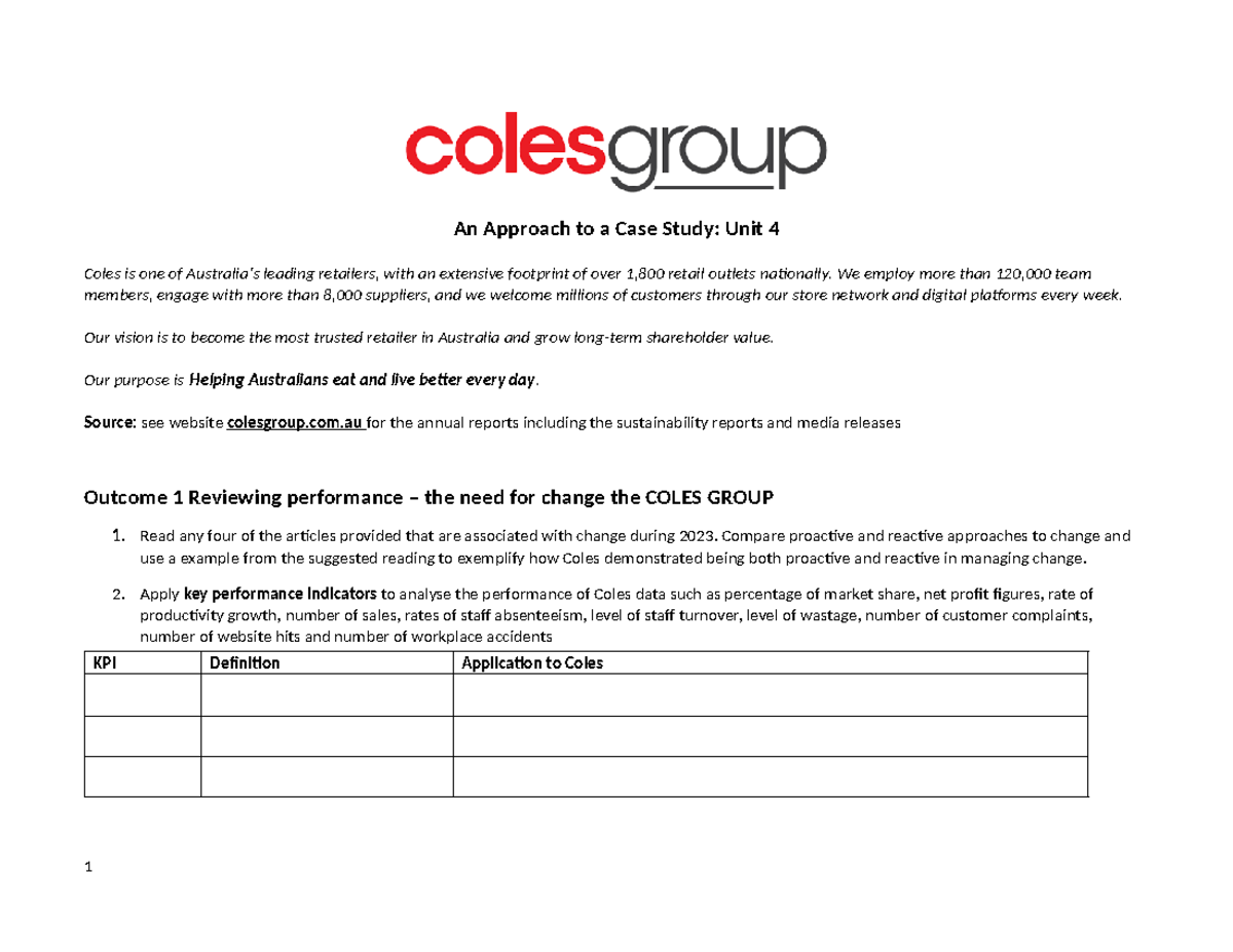 Unit 4 Coles Case Study handout - An Approach to a Case Study: Unit 4 ...
