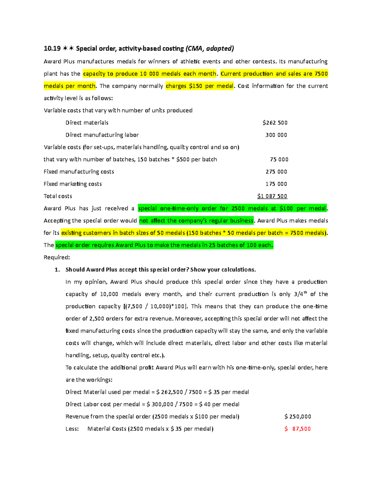 BFA 612 - Drop Box Question Week 7 - 10 Special order, activity-based costing (CMA, adapted ...