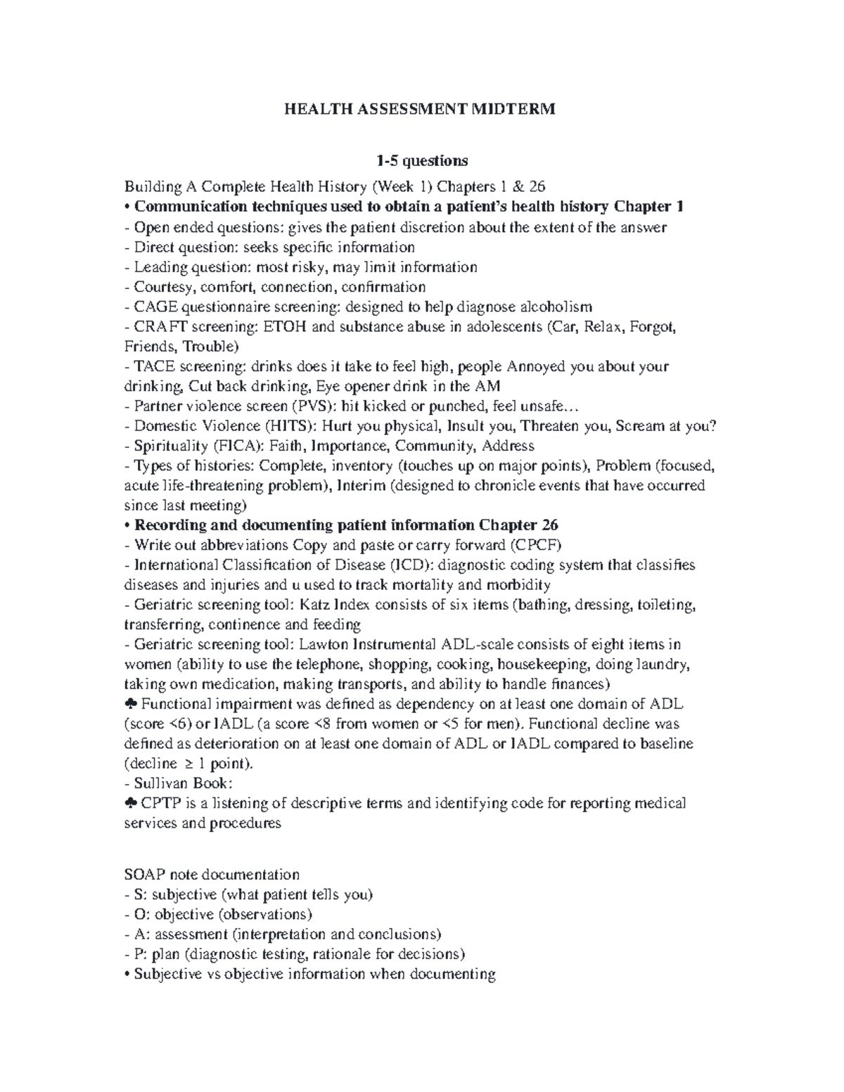HA-Midterm Study Guide - HEALTH ASSESSMENT MIDTERM 1-5 questions ...