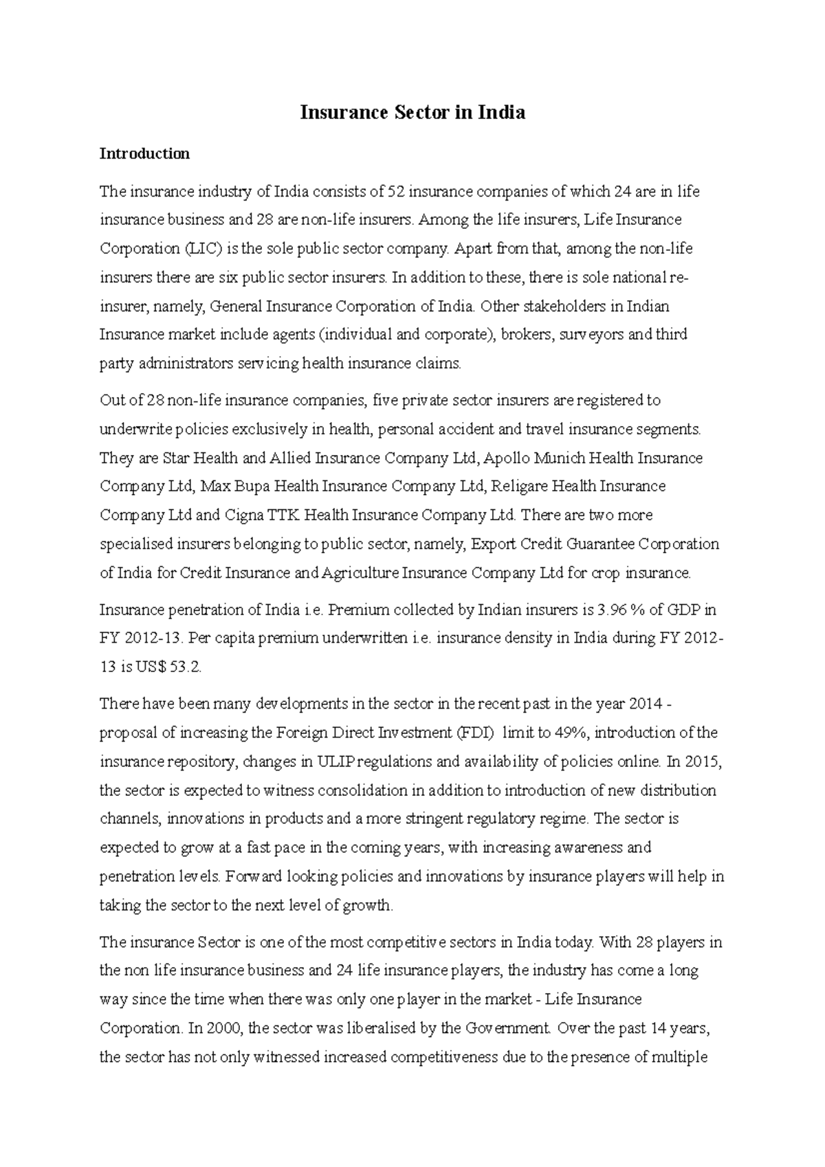 Insurance Sector in India - Insurance Sector in India Introduction The ...