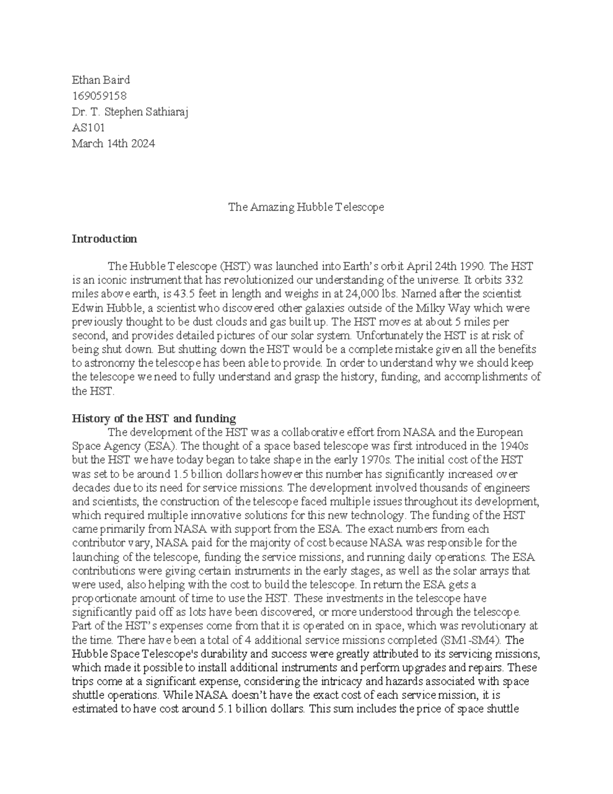 AS101 HST - Ethan Baird 169059158 Dr. T. Stephen Sathiaraj AS March ...