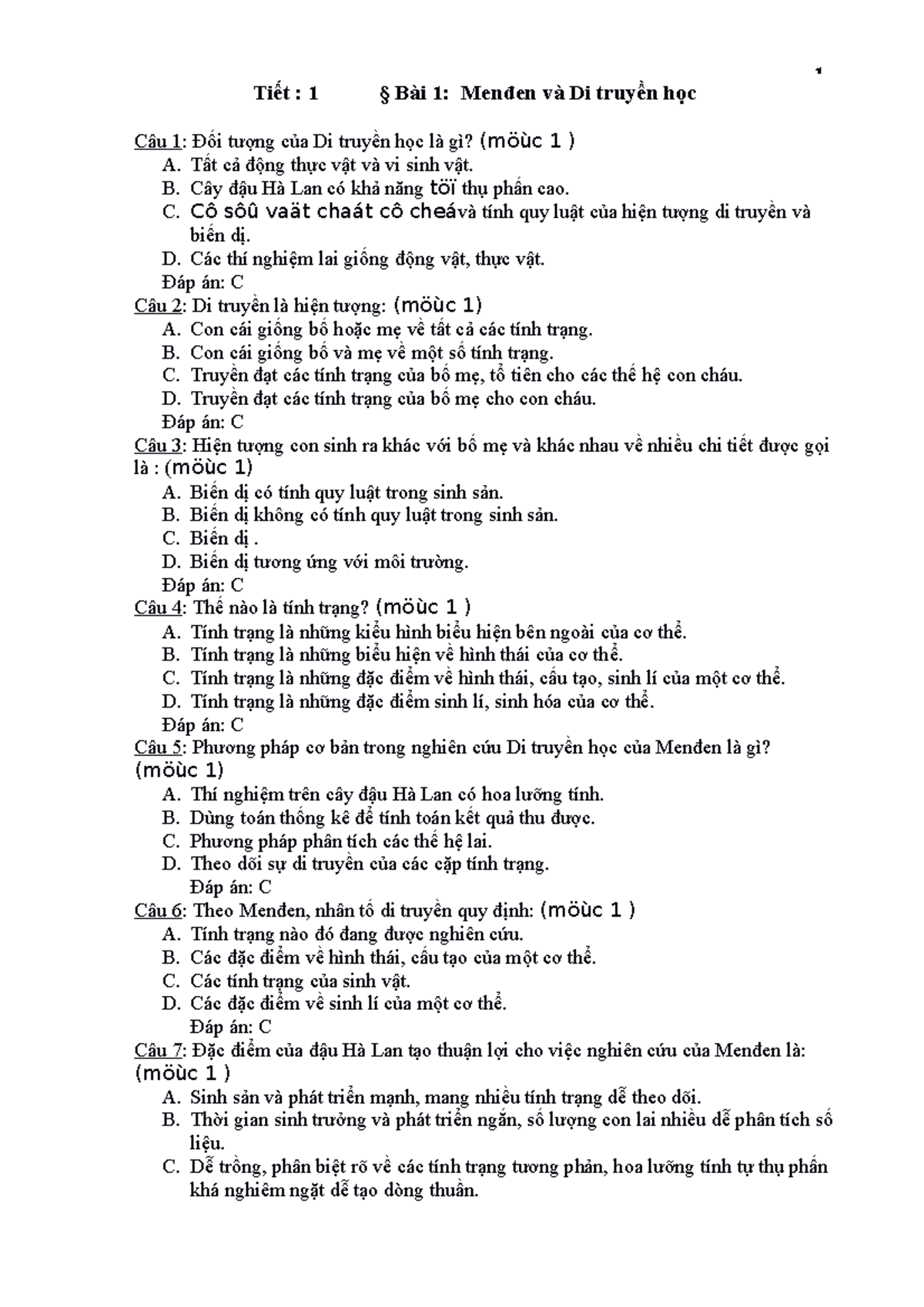 Sinh 9 - Cho coi đi - Tiết : 1 § Bài 1: Menđen và Di truyền học Câu 1 ...