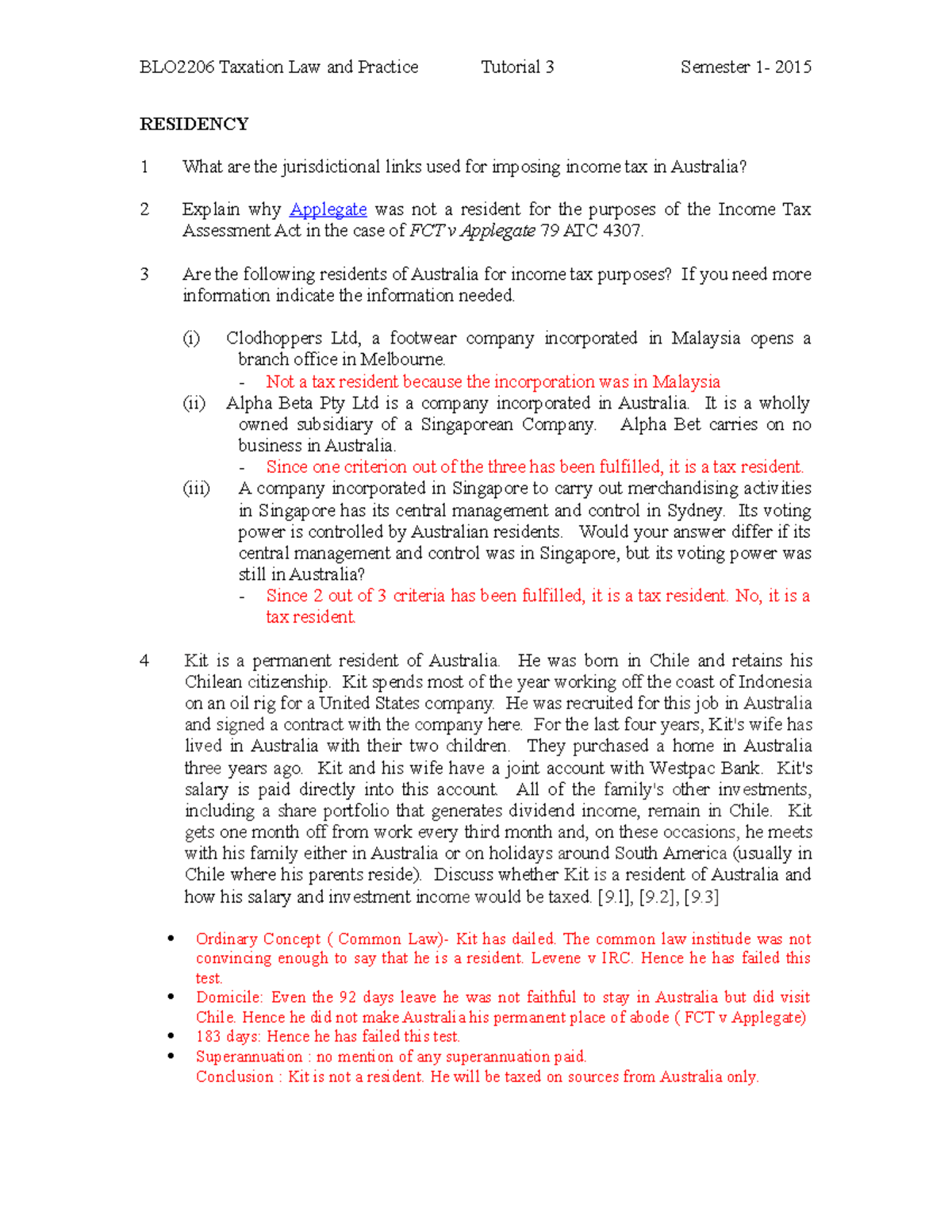 Tutorial 3A - mandatory - BLO2206 Taxation Law and Practice Tutorial 3 ...