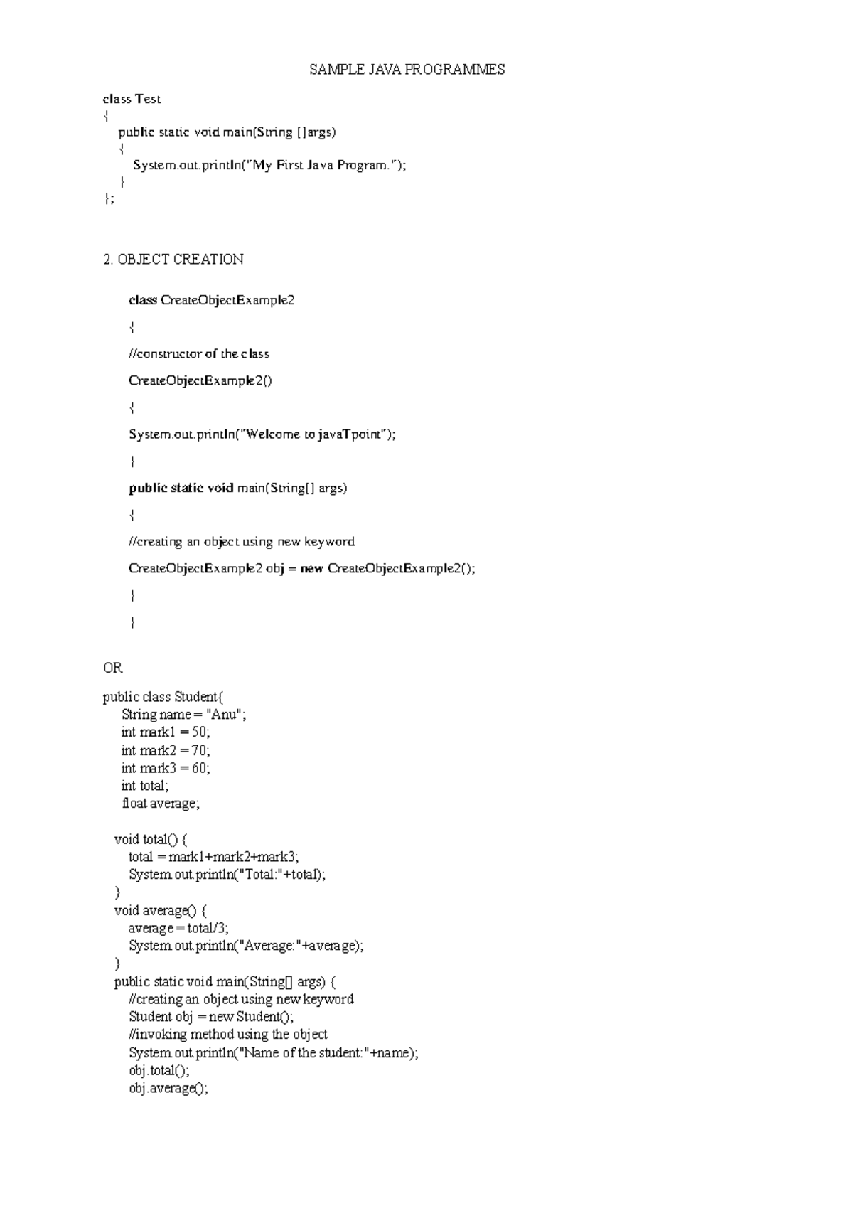 Sample JAVA Programmes - SAMPLE JAVA PROGRAMMES class Test { public ...