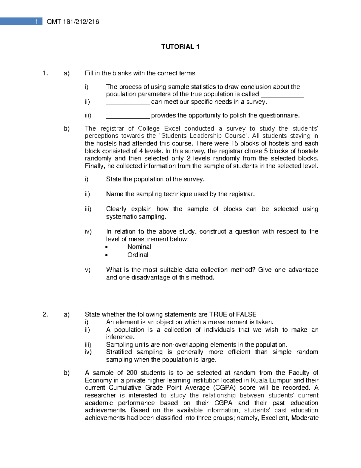 Tutorial 1 (QMT181) - latihan - 1 QMT 181/212/ TUTORIAL 1 a) Fill in the blanks with the correct ...