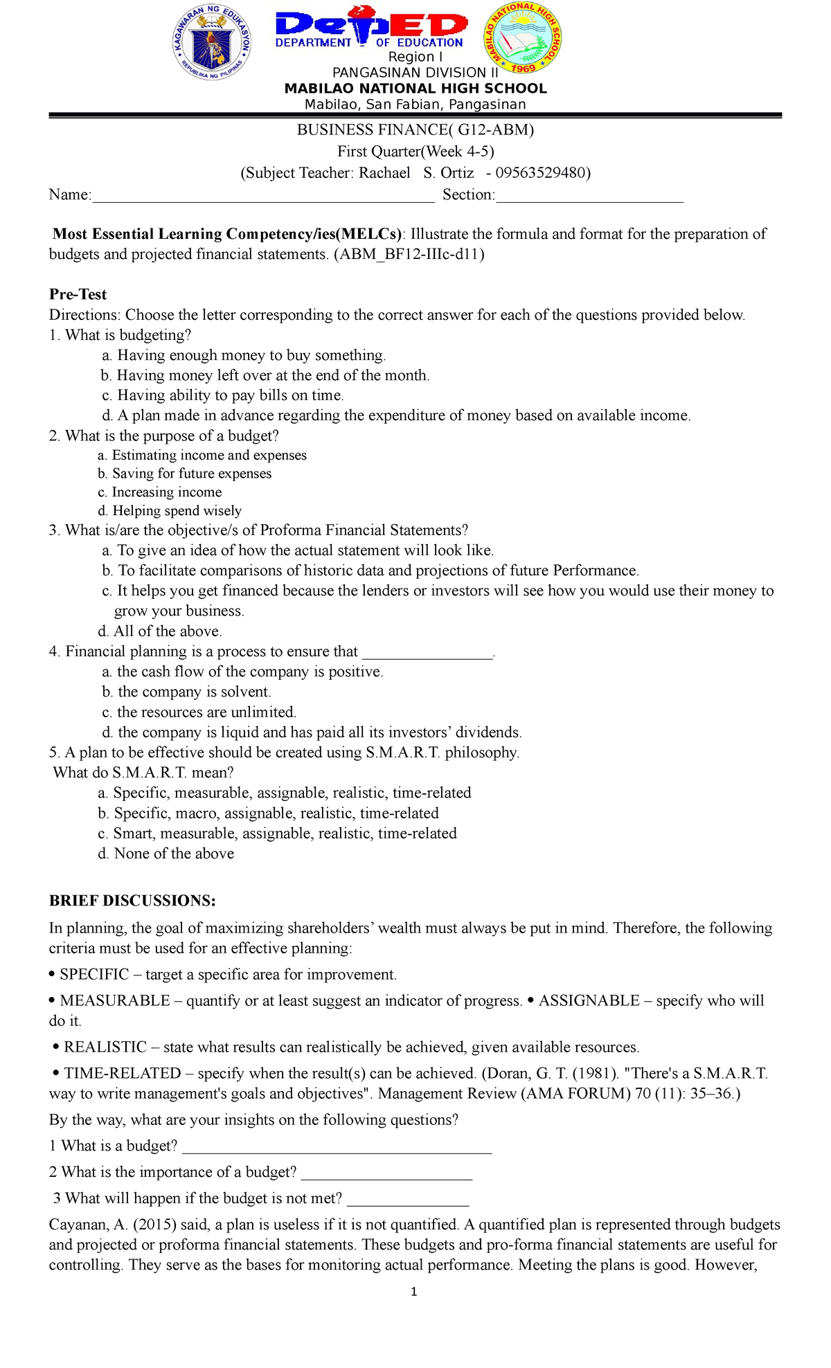 Business finance Quarter 2nd ABM strand Grade 12 - Region I PANGASINAN ...