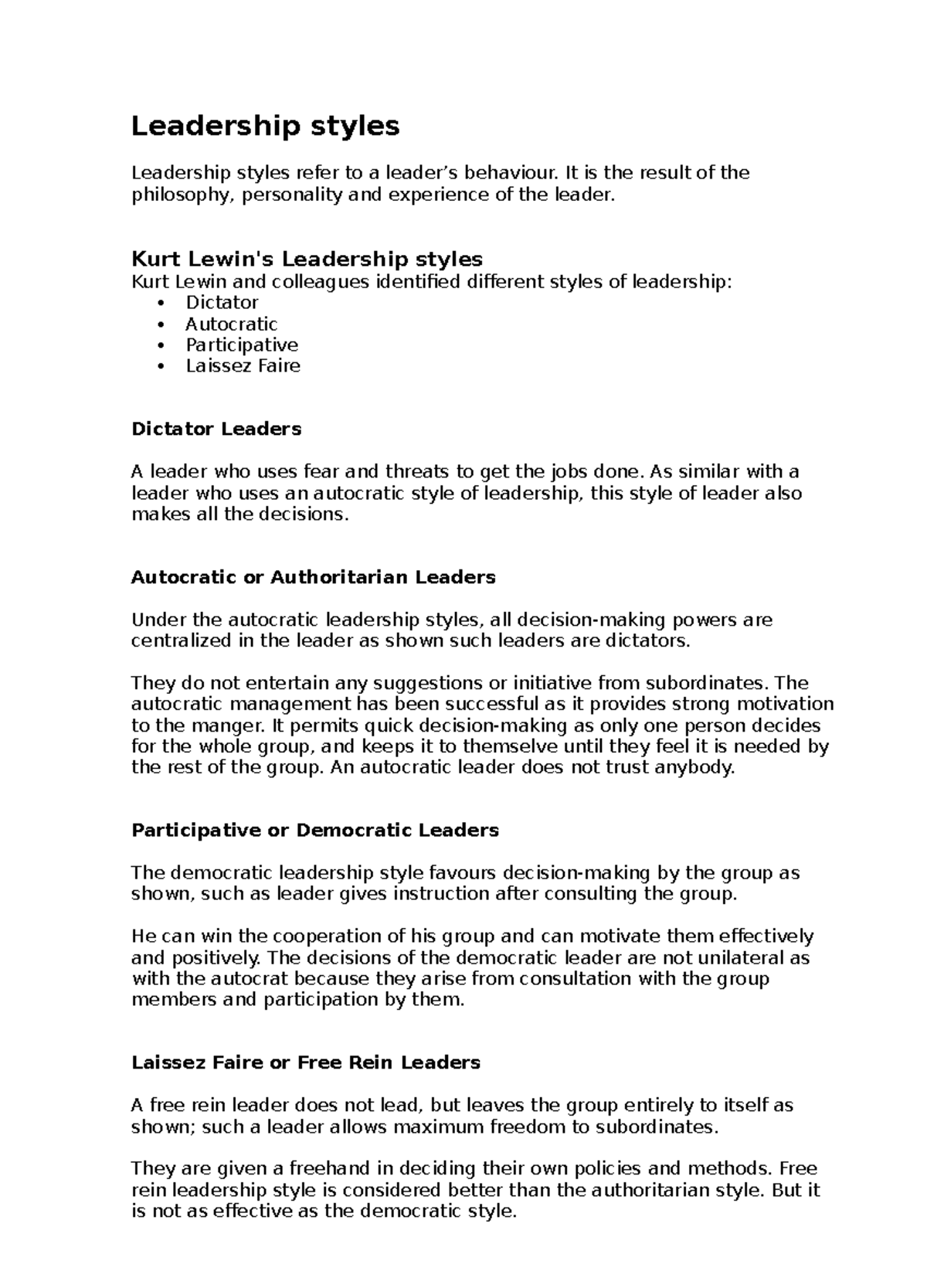 Leadership notes - Leadership styles Leadership styles refer to a ...