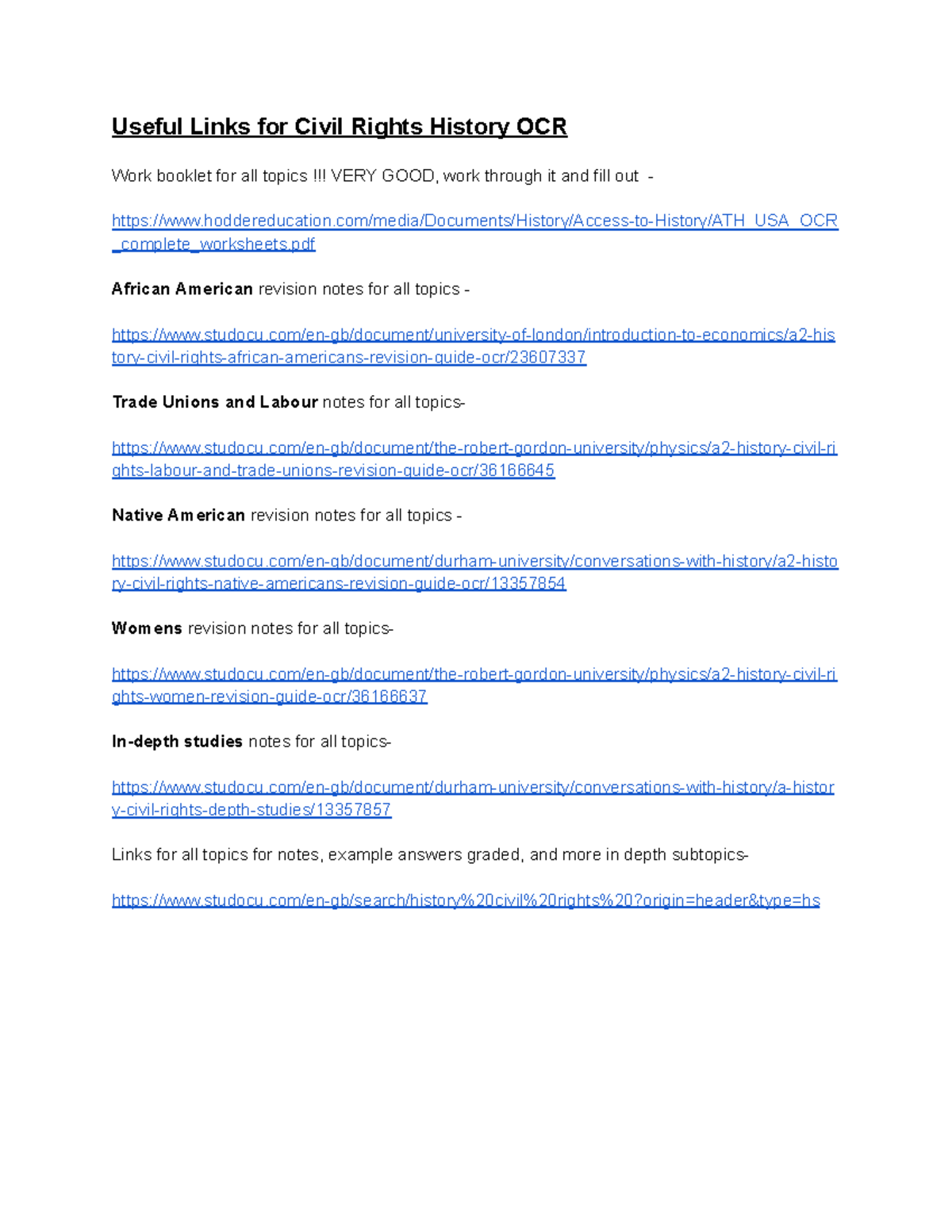 Useful Links for Civil Rights History OCR - Studocu