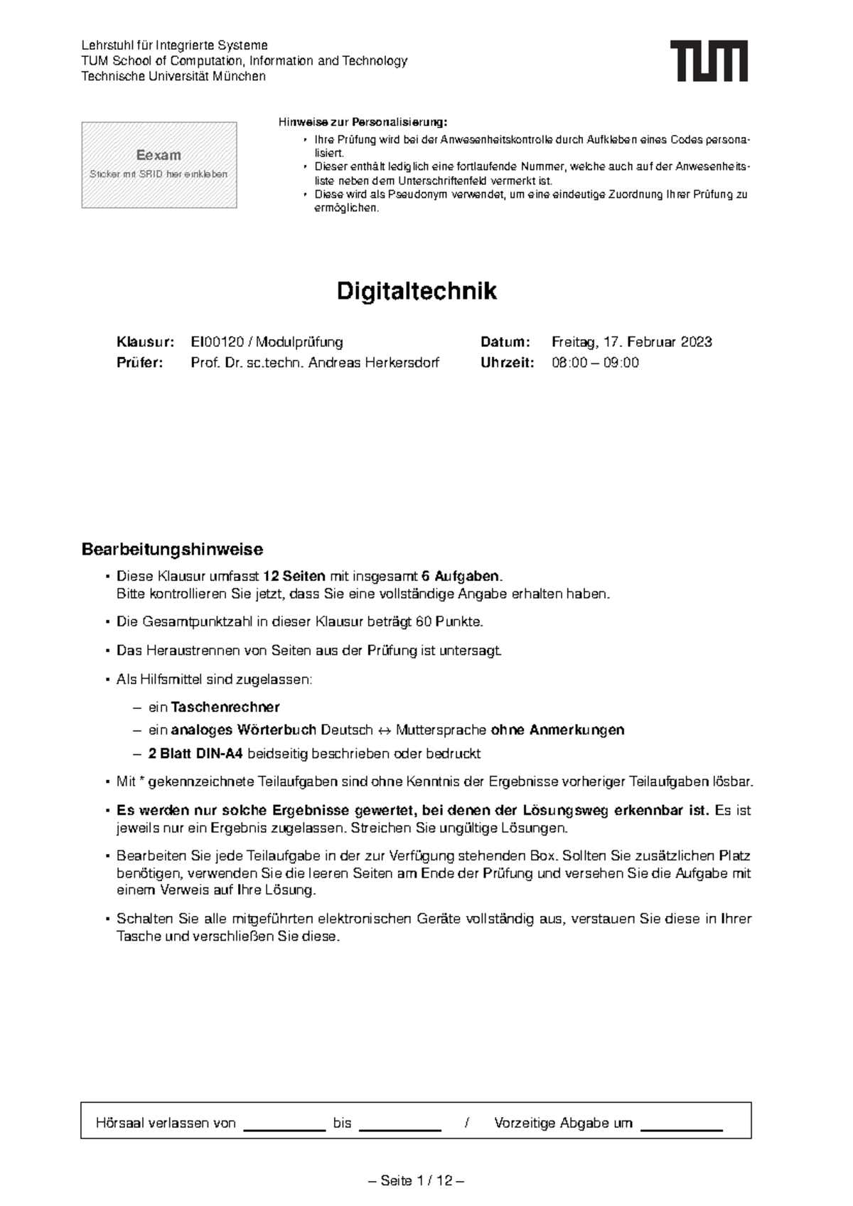 Dt2223 exam - Lehrstuhl für Integrierte Systeme TUM School of ...