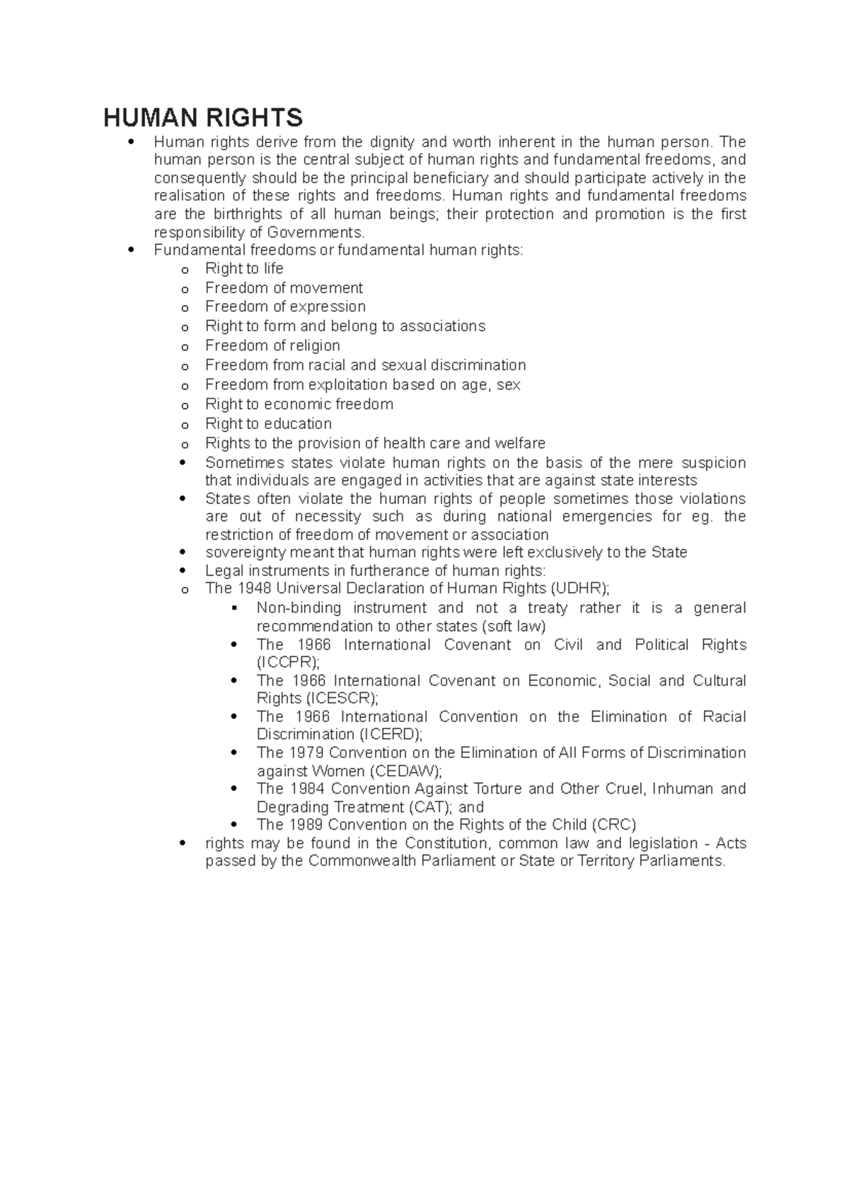 La1101 notes - HUMAN RIGHTS Human rights derive from the dignity and ...