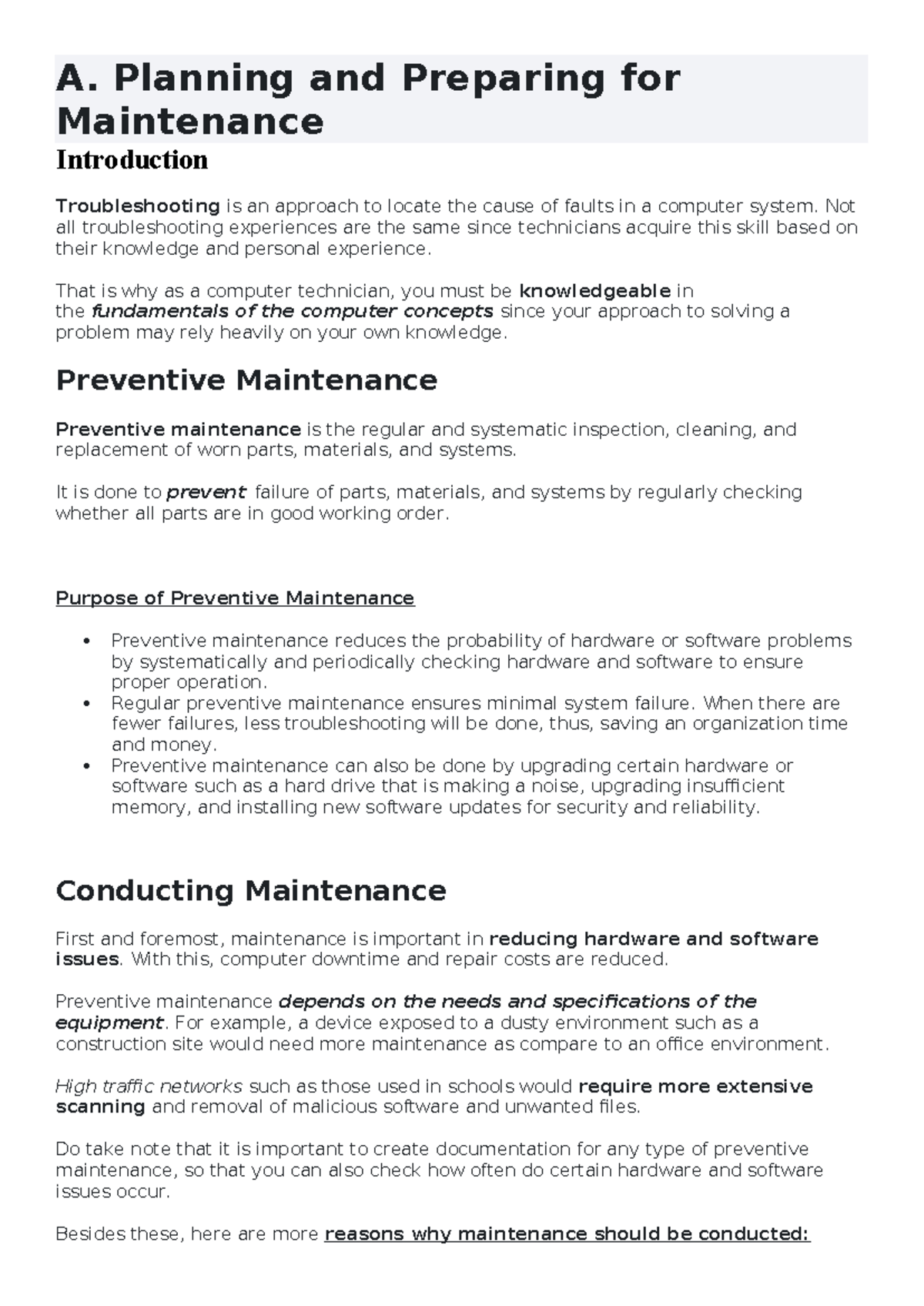 Computer System Servicing COC-4 - A. Planning and Preparing for ...