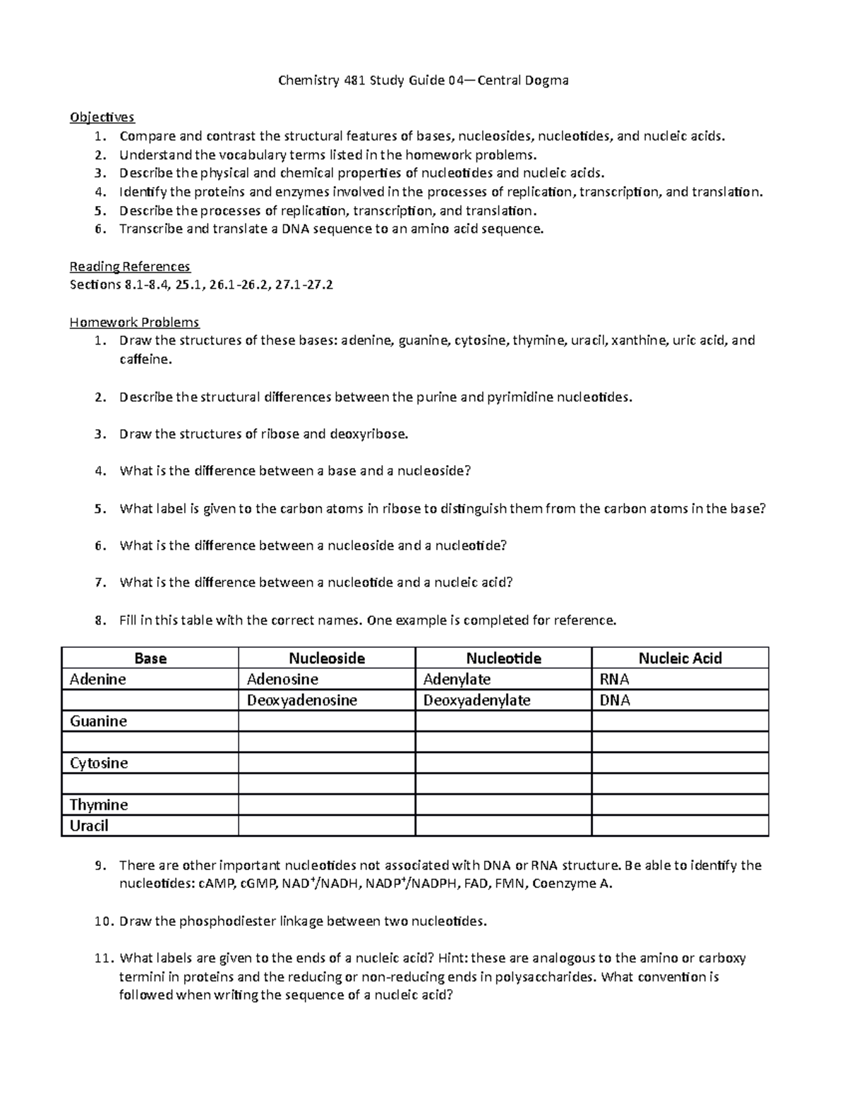 04-Study Guide-Central Dogma - Chemistry 481 Study Guide Dogma ...