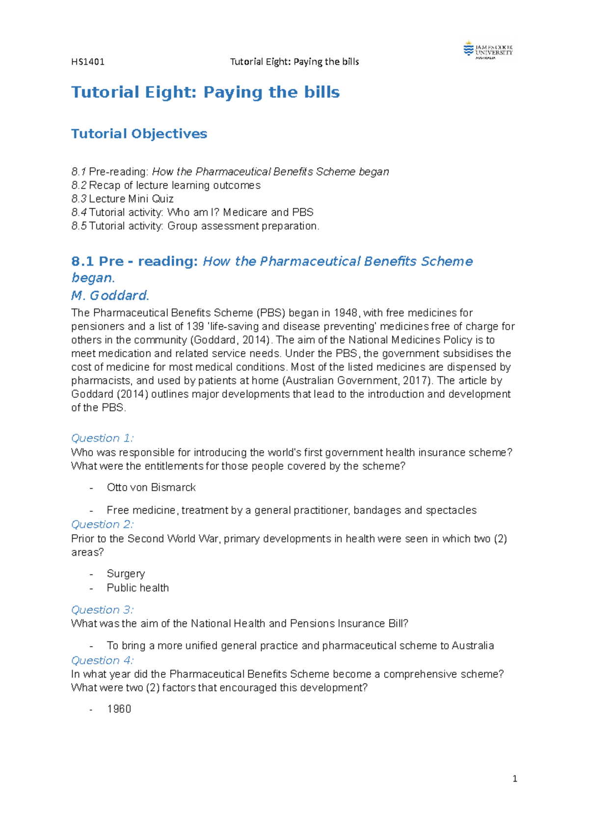 HS1401 Tutorial Week 8 - Tutorial Eight: Paying the bills Tutorial ...