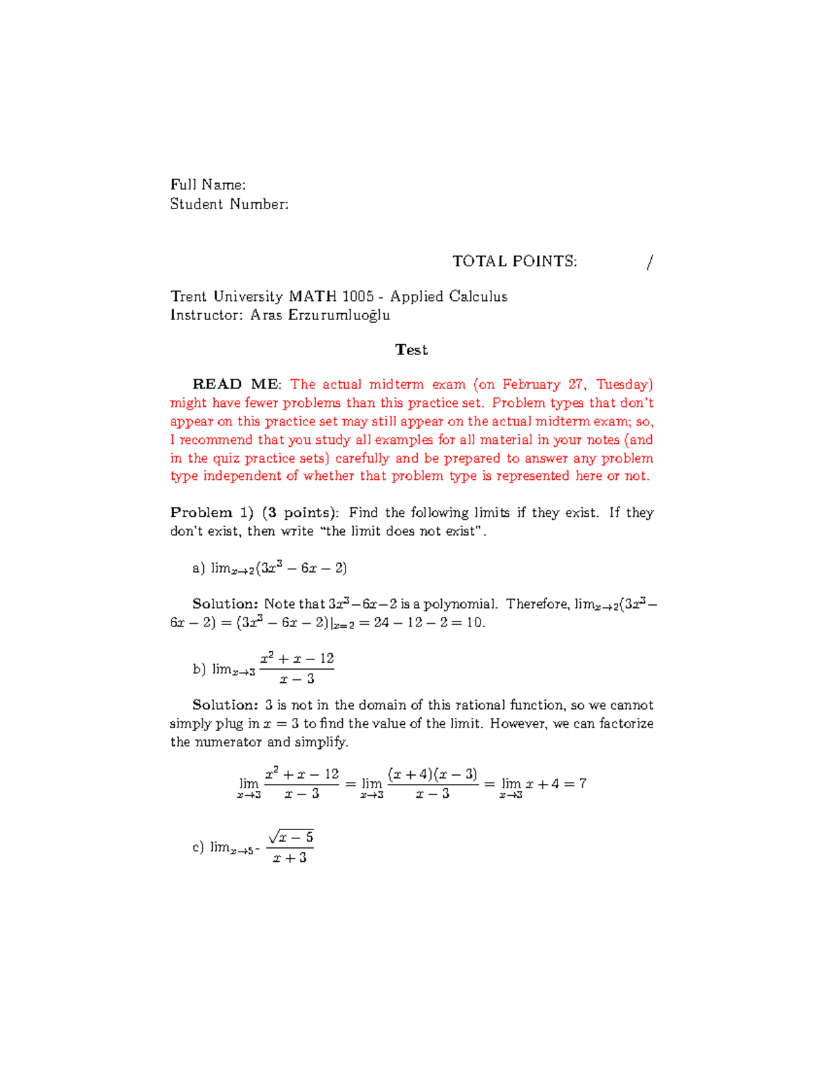 Math1005 midterm problem solutions - Full Name: Student Number: TOTAL POINTS: / Trent University ...