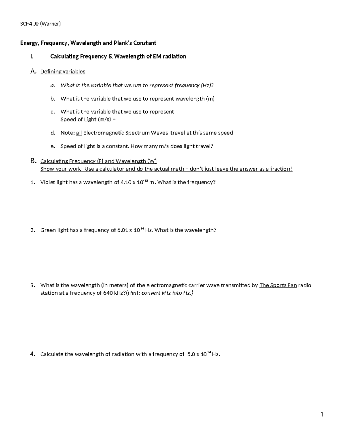 Freq and wavelength worksheet - SCH4U0 (Warner) Energy, Frequency ...
