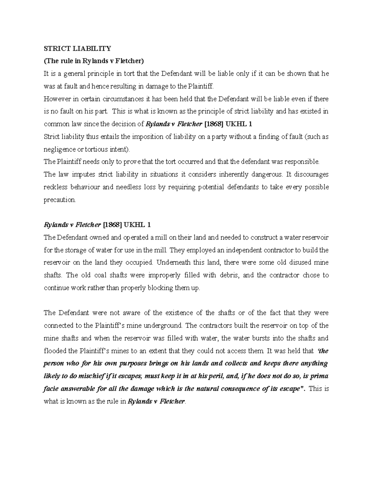 Strict Liability - STRICT LIABILITY (The rule in Rylands v Fletcher) It ...